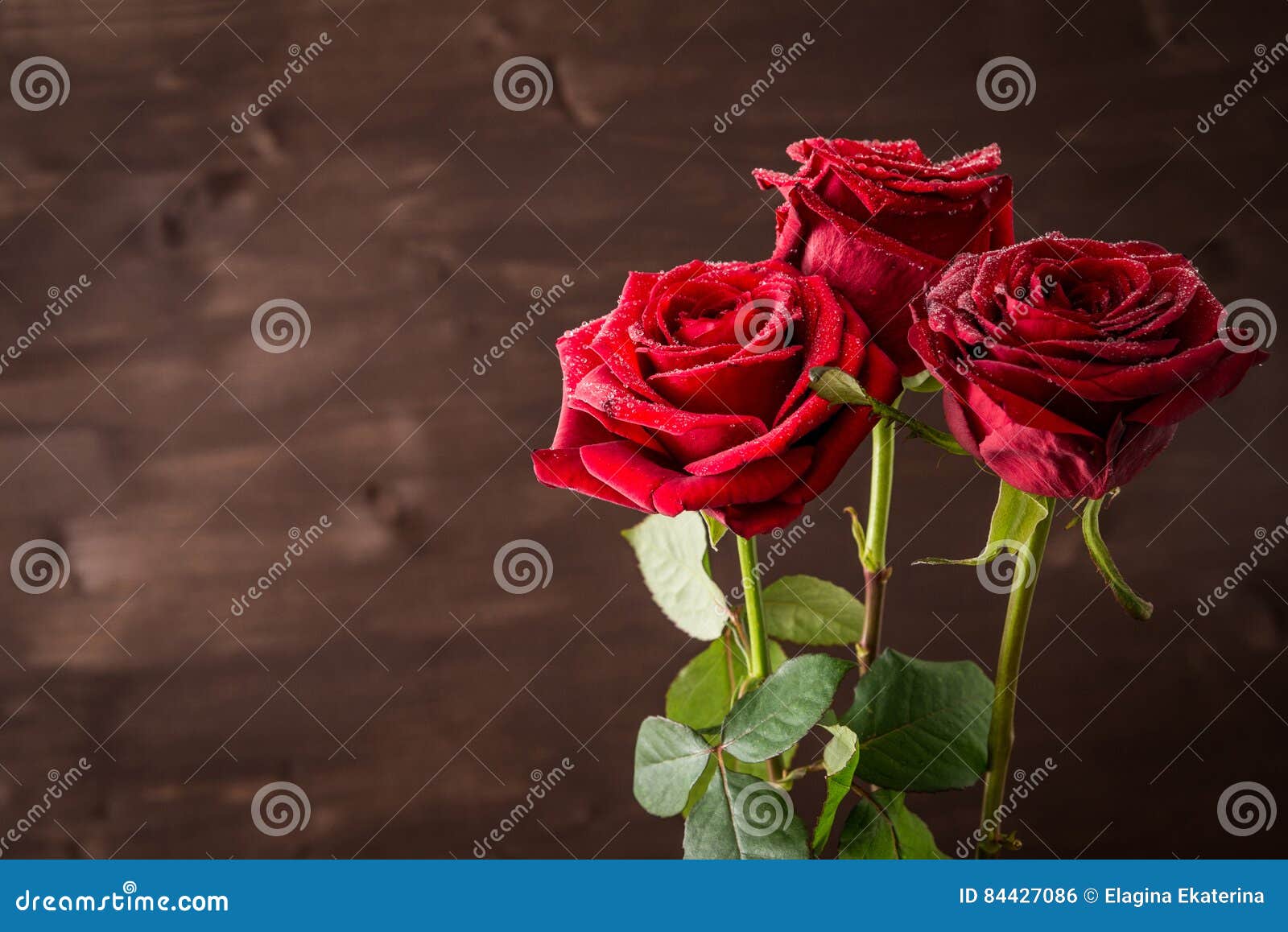 Drei Rote Rosen Mit Wassertropfen Auf Einem Dunklen Hintergrund ...