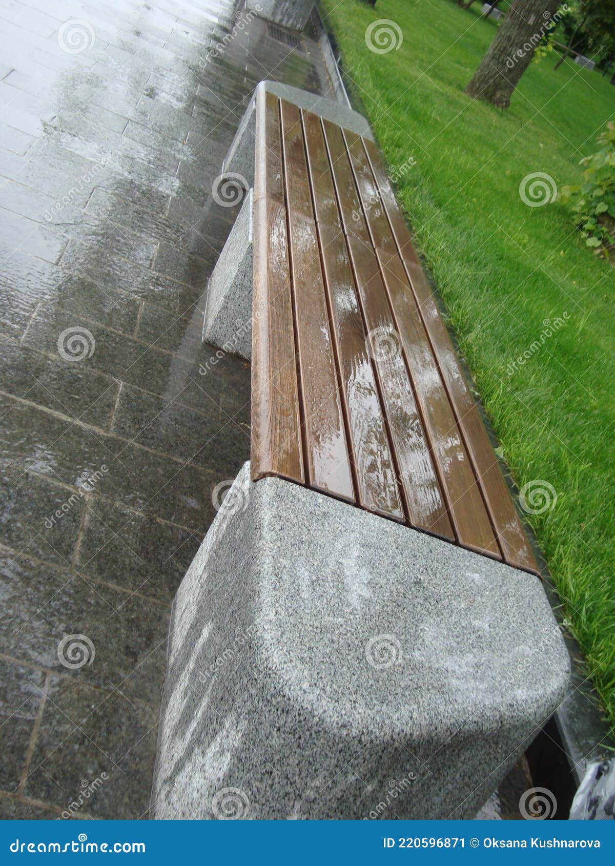 Drenched rain-water bench stock image. Image of track - 220596871