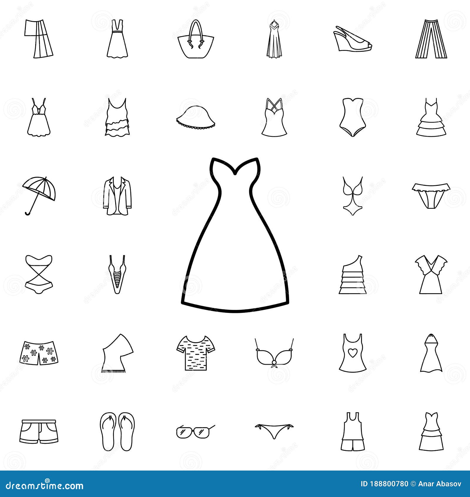 Dress with Decolletage Icon. Universal Set of Summer Clothes for ...