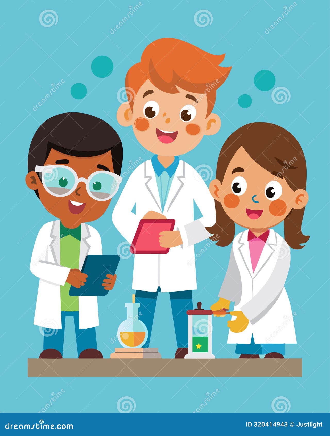 Dressed in Lab Coats and Safety Goggles a Group of Children Experiment ...