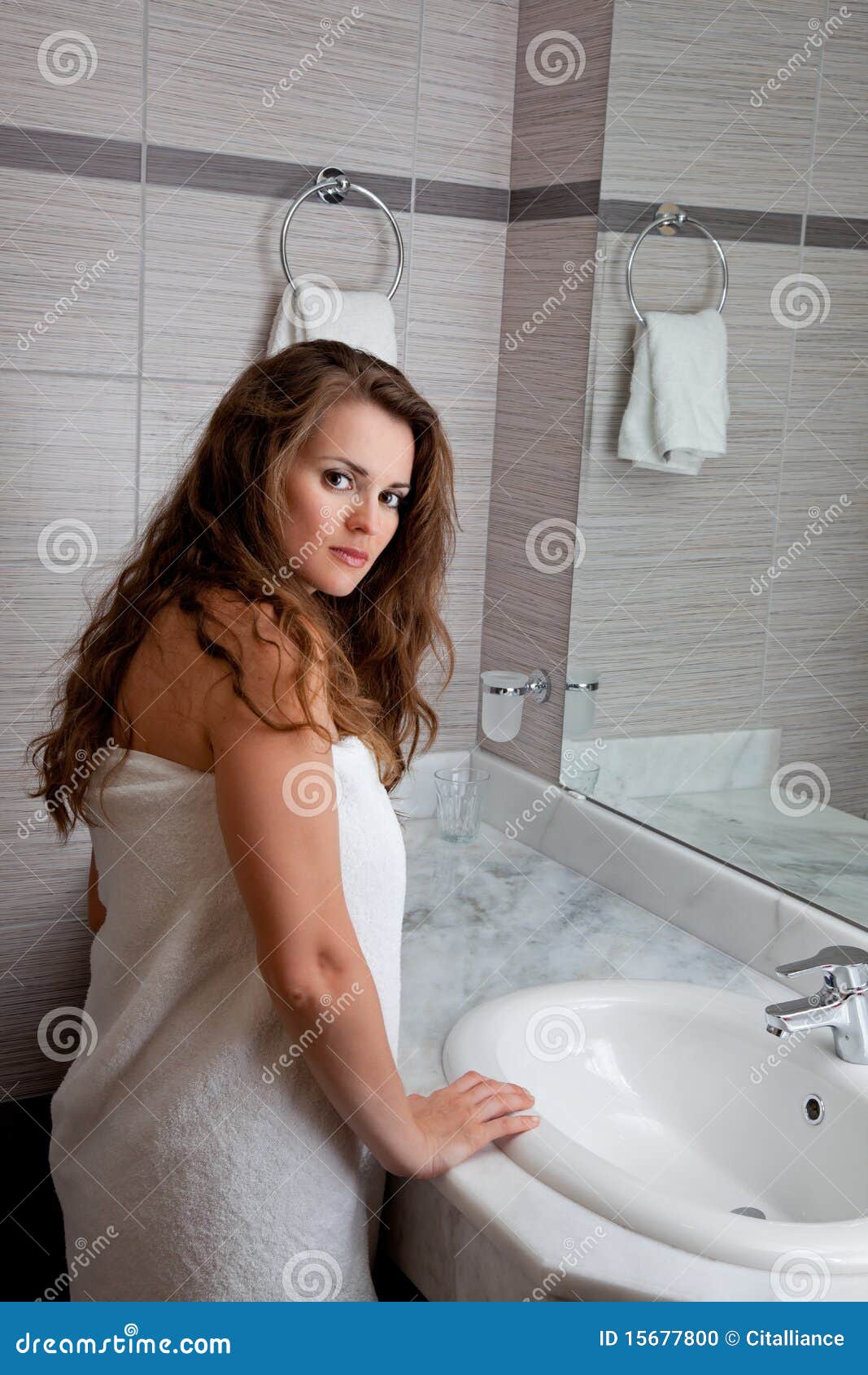 Dressed in Towel Woman Staying at Bathroom Stock Photo - Image of ...