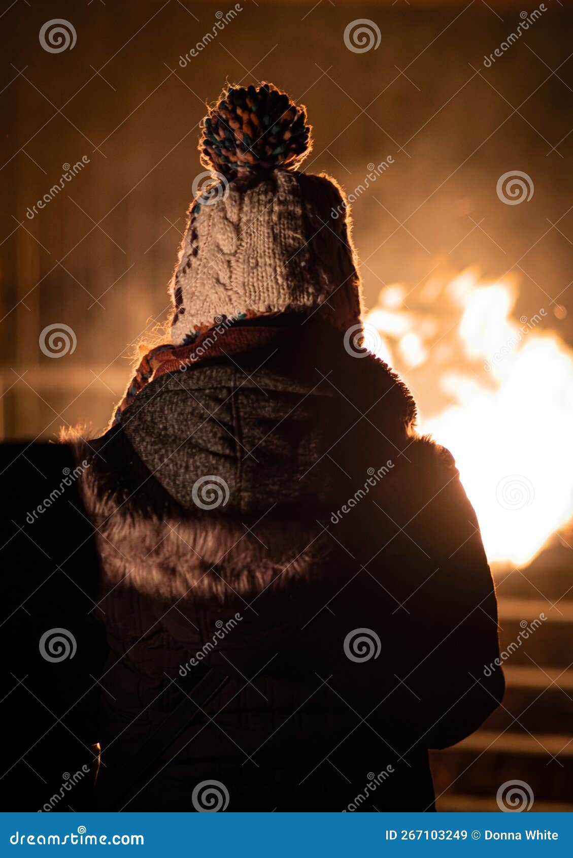 Dressed Up for Cold Winter`s Evening Outside in Front of Fire Stock ...