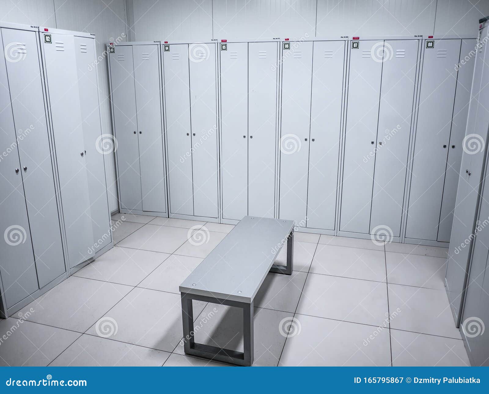 Dressing Room with Metal Drawers and Benches Stock Image - Image of ...