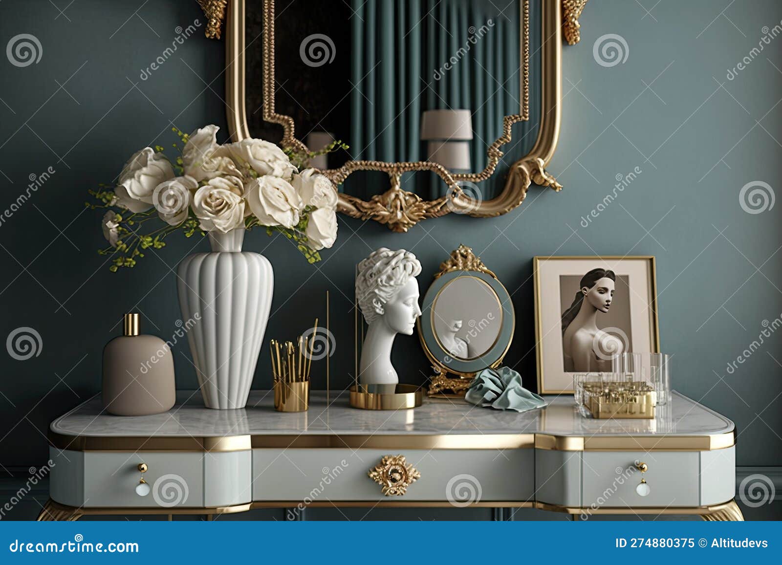 Dressing Table with Gold Accents and Luxurious Accessories Stock ...