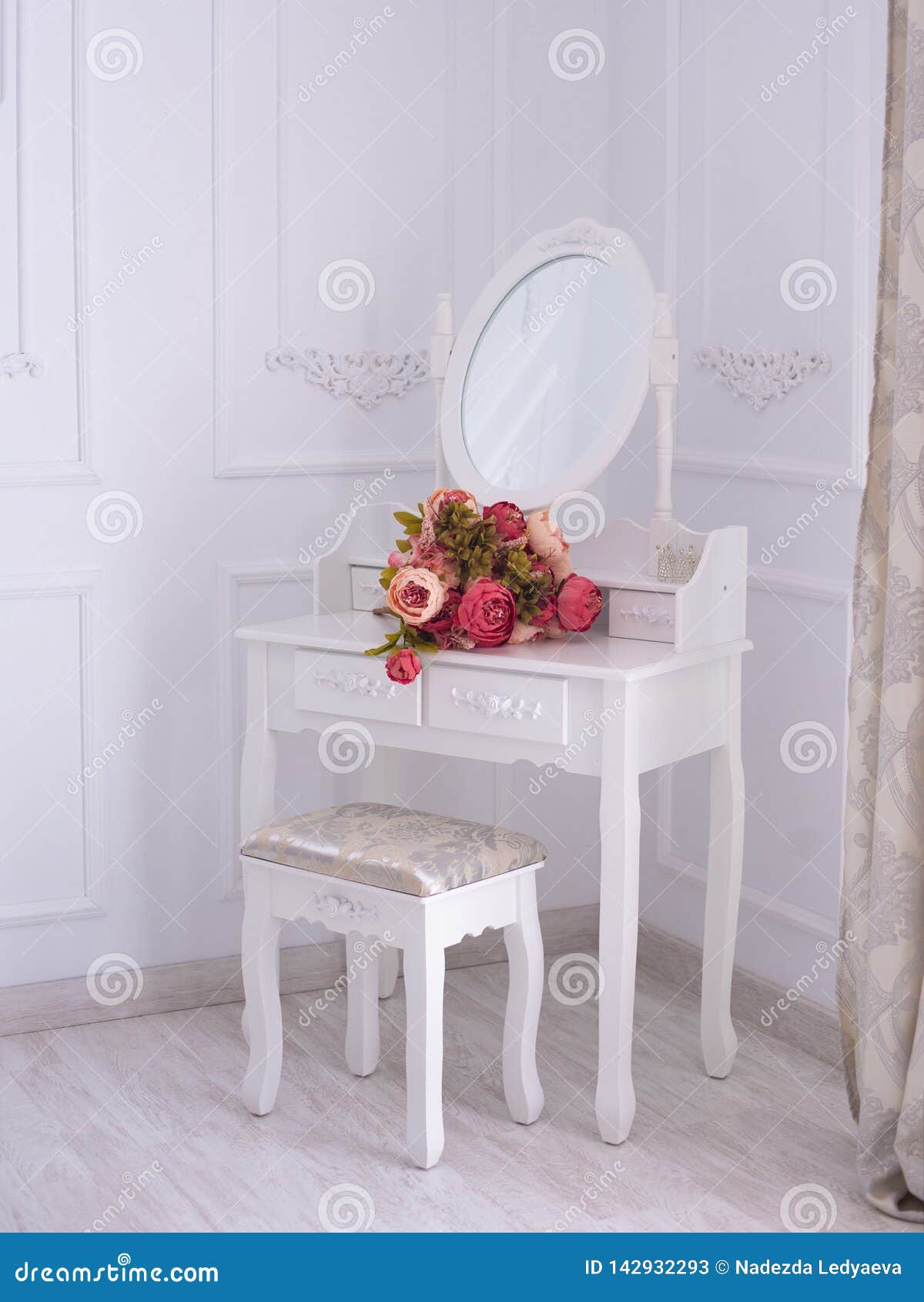 Dressing Table with a Mirror and Flowers in the Room. Stock Image ...