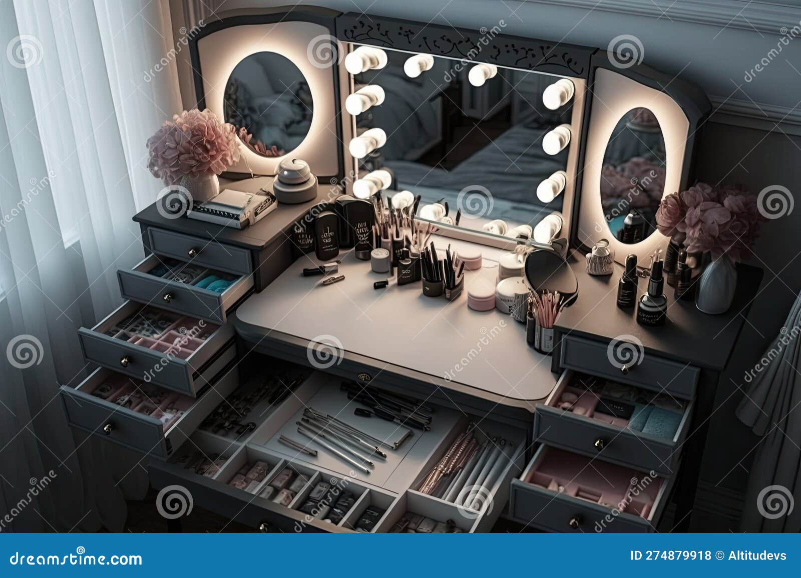 Dressing Table with Mirror and Lighted Makeup Station for Creating ...