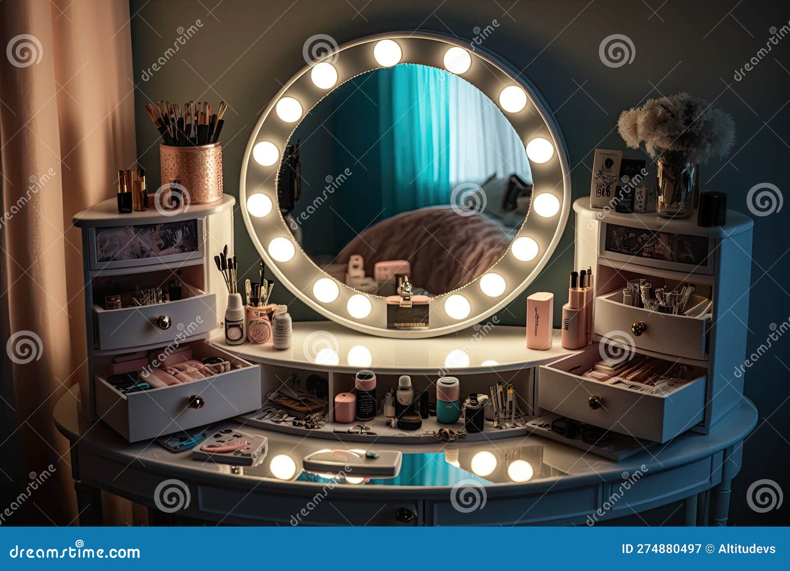 Dressing Table with Mirror and Lighted Makeup Vanity for Stunning Selfies Stock Image - Image of ...