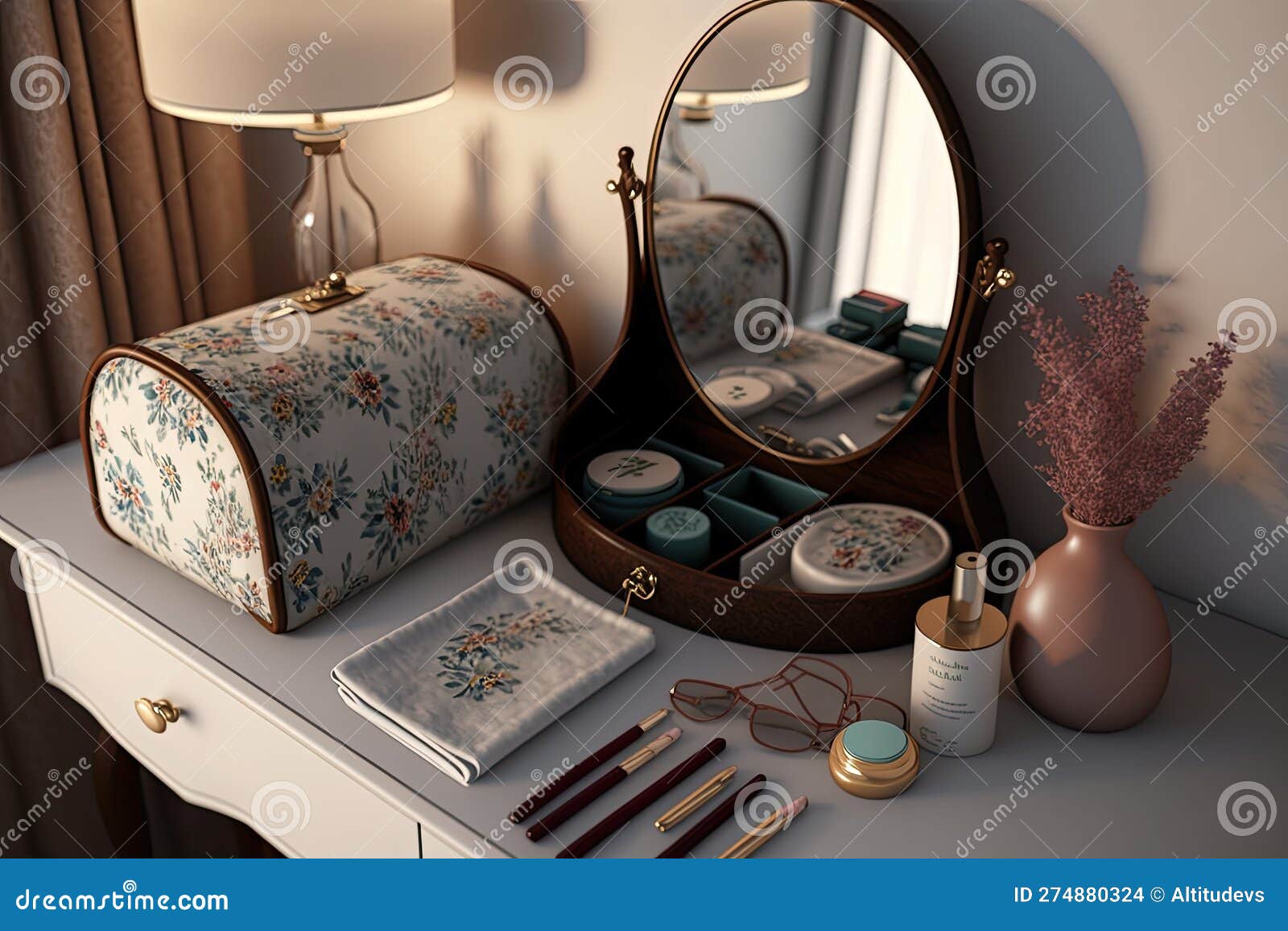 Dressing Table with Mirror and Makeup Bag, Ready for Morning Routine ...