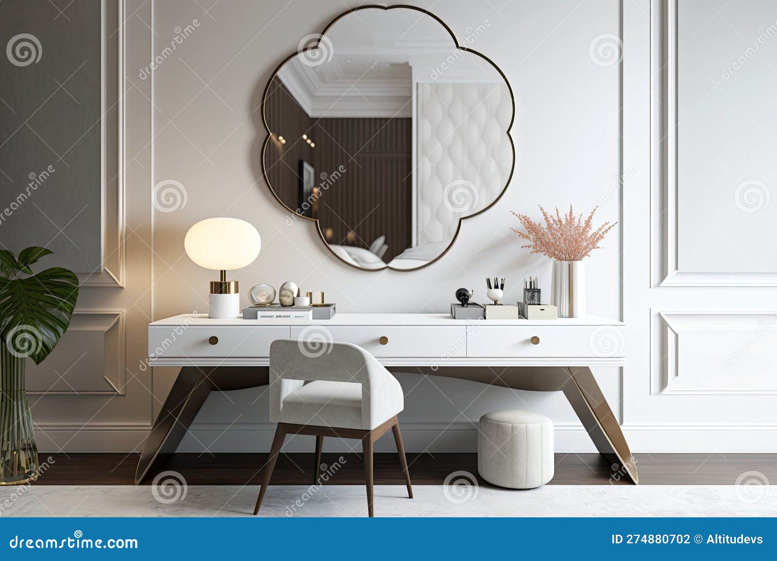 Dressing Table with Sleek, Modern Mirror and Minimalist Decor Stock ...