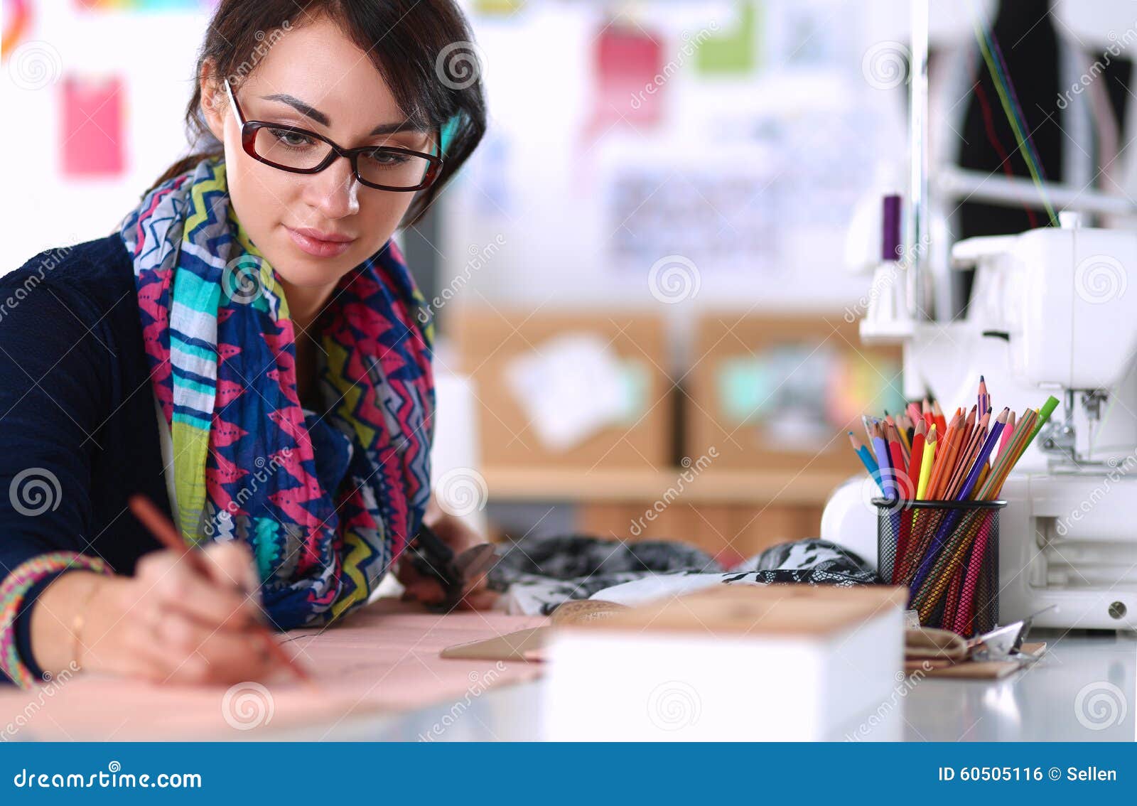 Dressmaker Designing Clothes Pattern on Paper Stock Photo - Image of ...