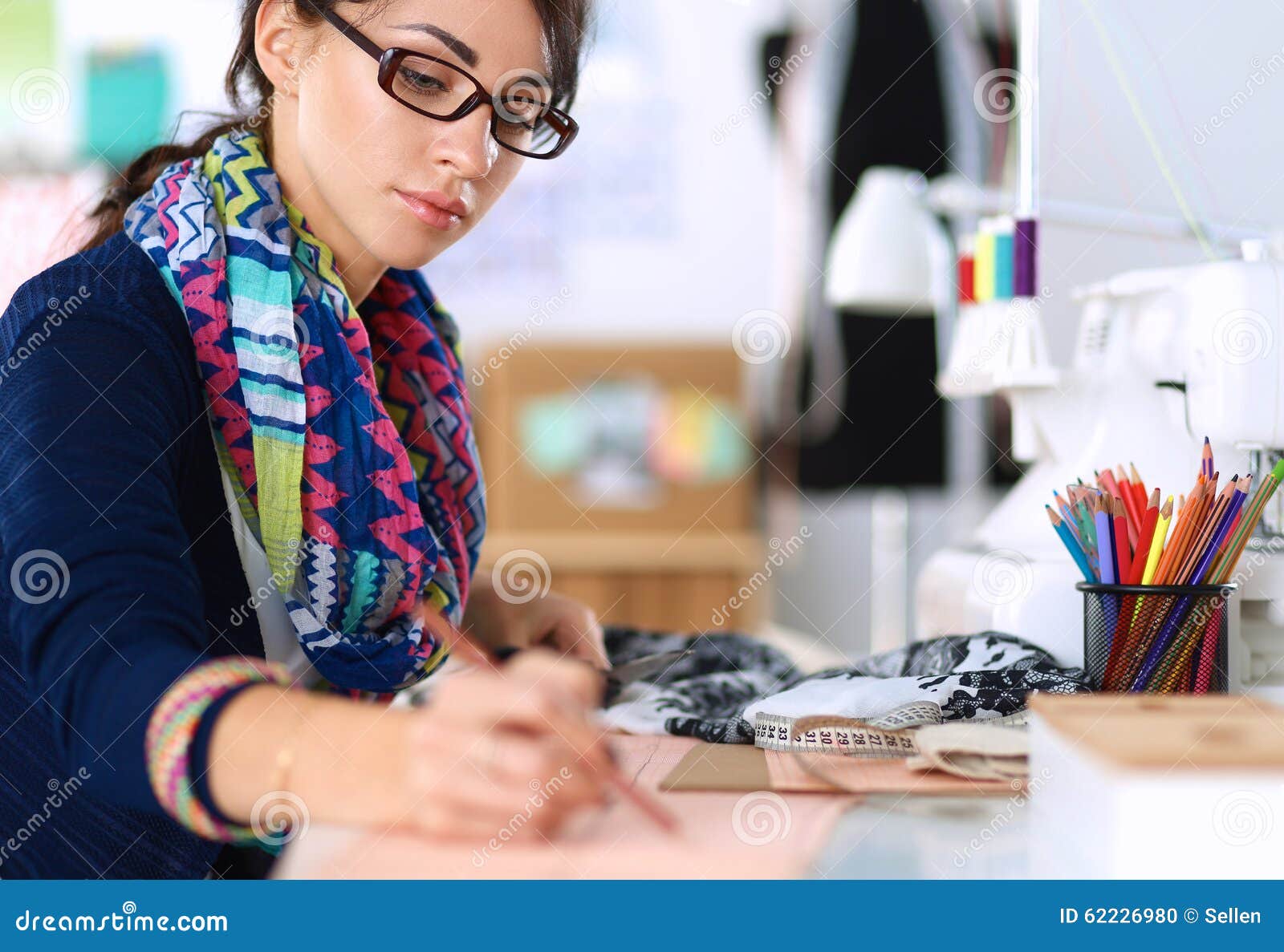 Dressmaker Designing Clothes Pattern on Paper Stock Photo - Image of ...