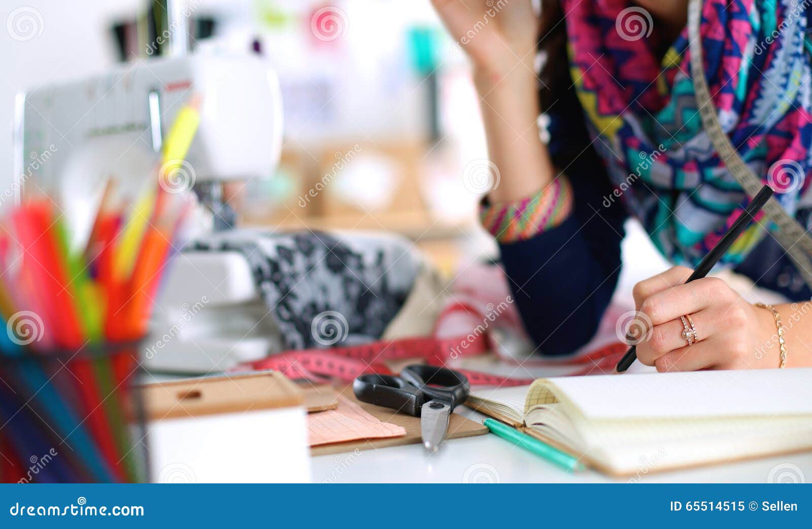 Dressmaker Designing Clothes Pattern on Paper Stock Image - Image of ...