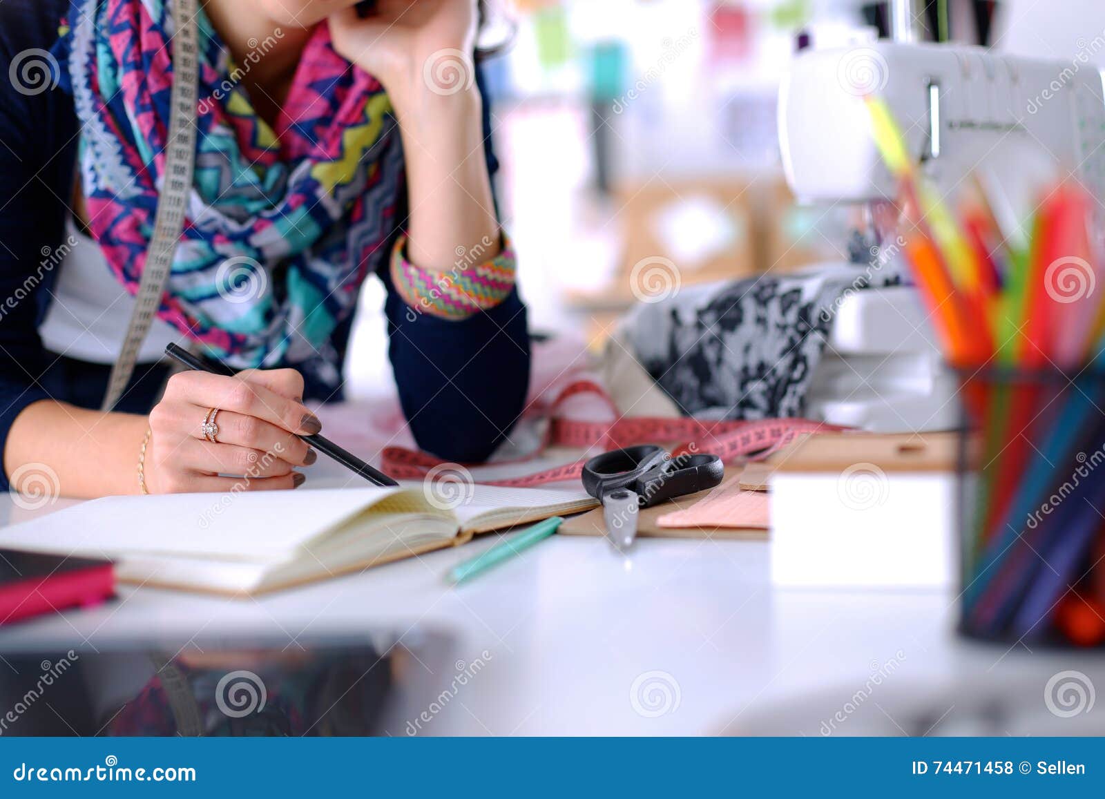 Dressmaker Designing Clothes Pattern on Paper Stock Photo - Image of ...