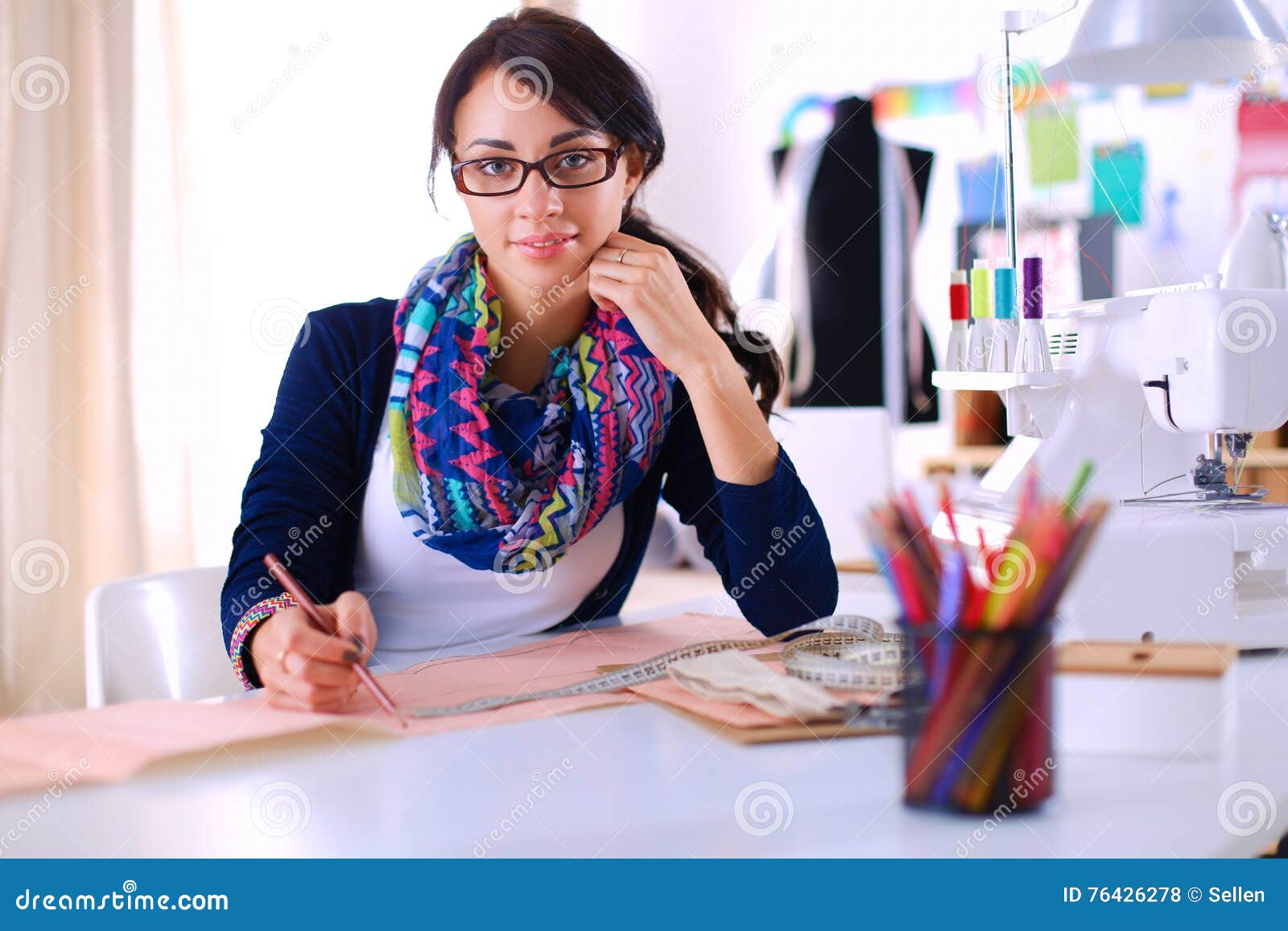 Dressmaker Designing Clothes Pattern on Paper Stock Photo - Image of ...