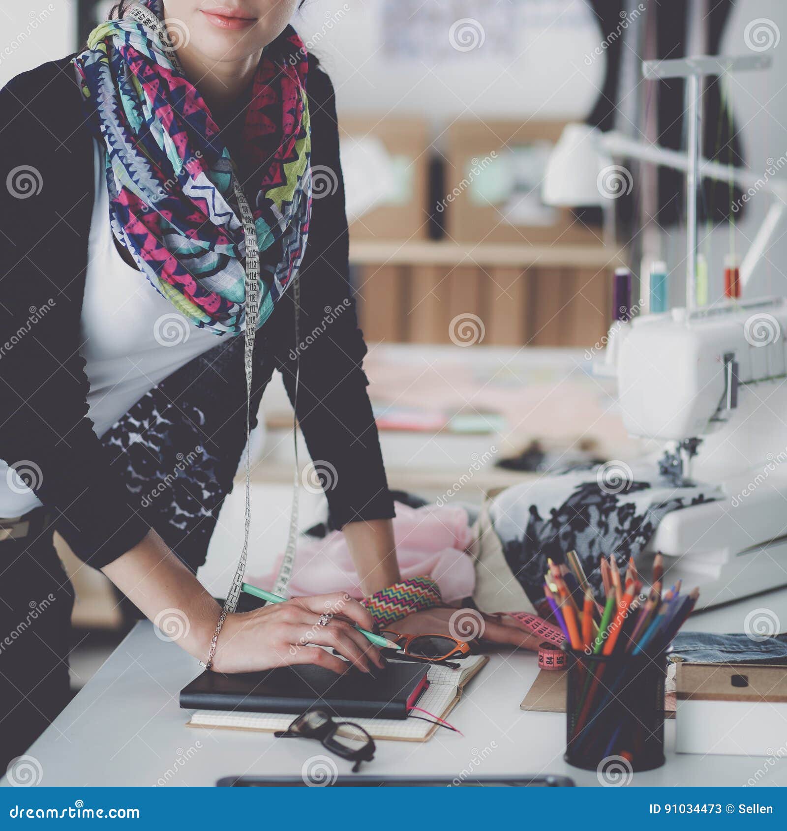 Dressmaker Designing Clothes Pattern on Paper Stock Image - Image of ...