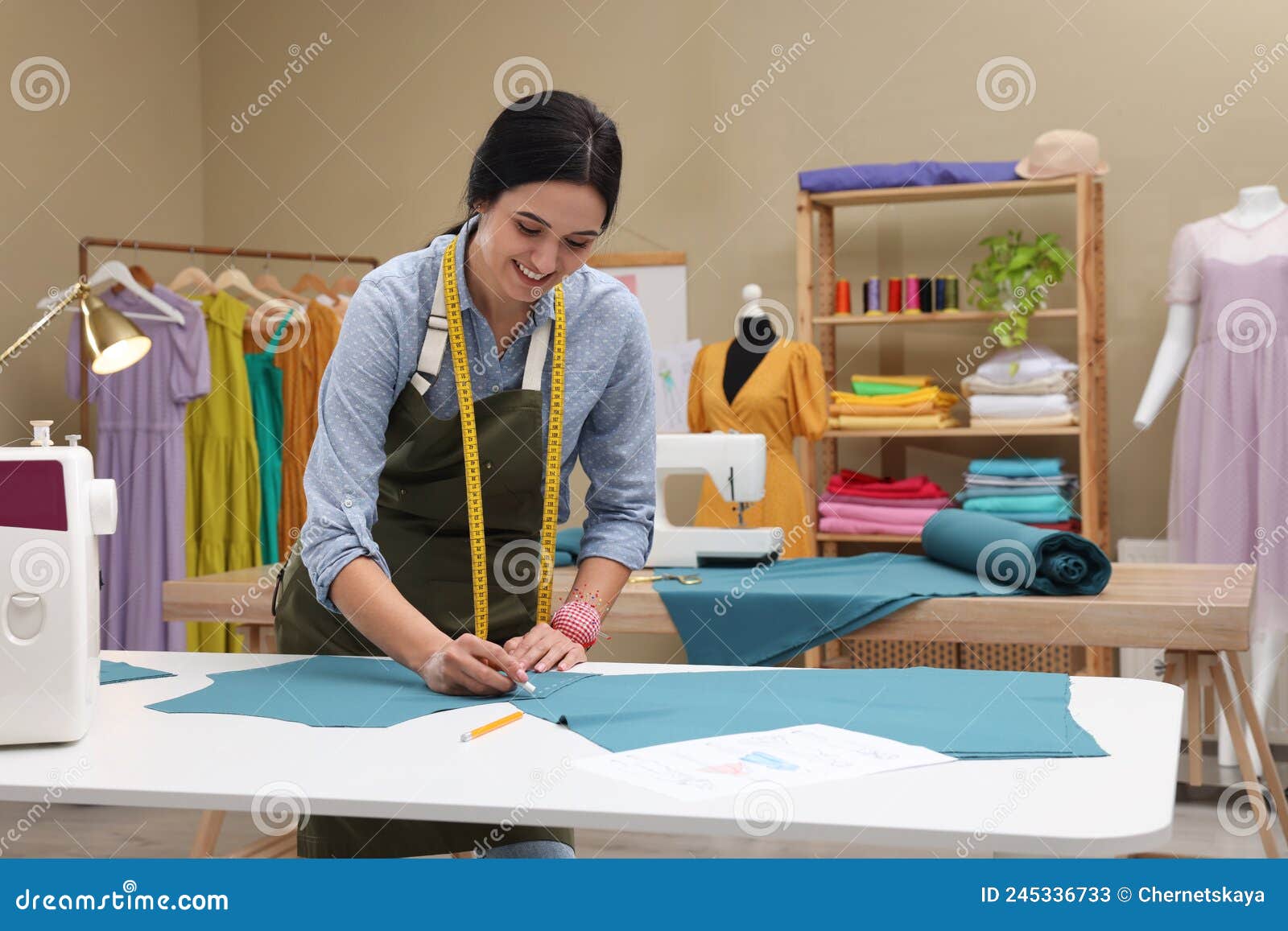 Dressmaker Marking Fabric with Chalk in Workshop Stock Image - Image of ...