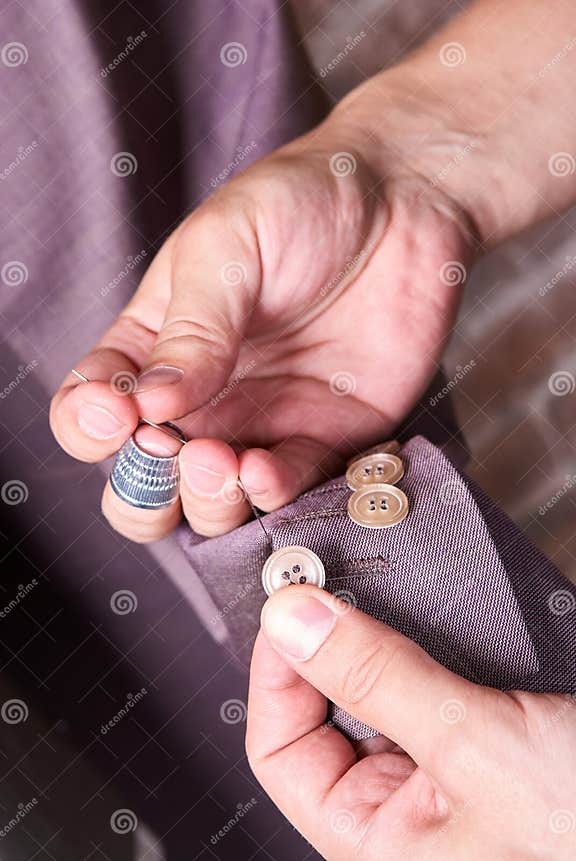 Dressmaker Sews a Button on Jacket Stock Image - Image of dressmaker ...