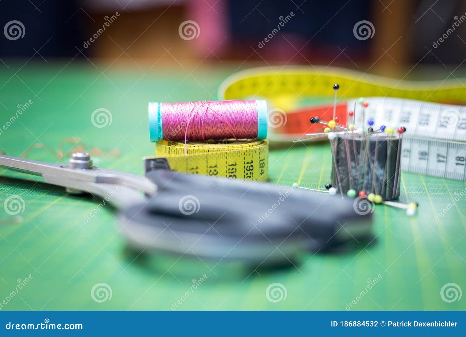 Dressmaker Workshop: Close Up of Measuring Tape, Needles and Thread ...