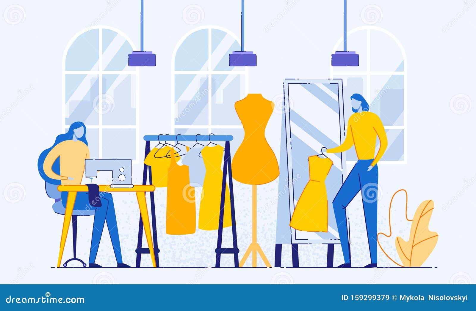 Dressmakers Making Clothes on Thread Machine. Stock Vector ...