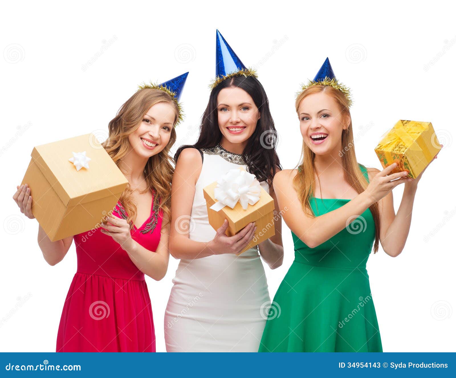 Drie Glimlachende Vrouwen in Blauwe Hoeden Met Giftdozen Stock ...