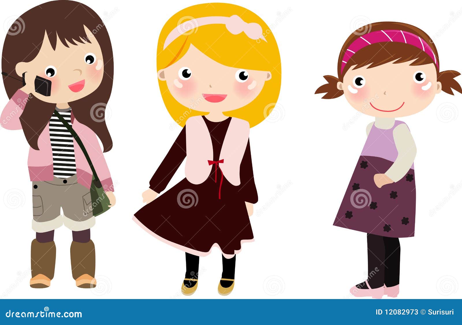 Drie Meisjes, Jonge Geitjes Vector Illustratie - Illustration of illustratie, kleurrijk: 12082973