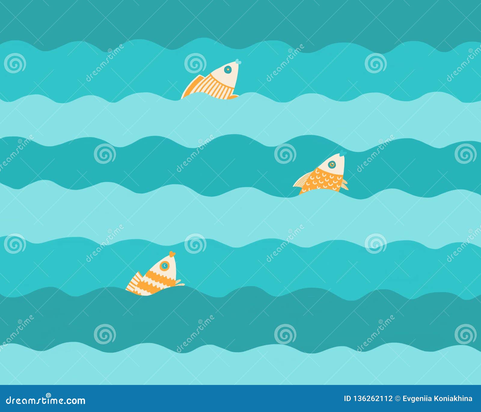 Drie vissen op de golven vector illustratie. Illustration of kinderachtig - 136262112