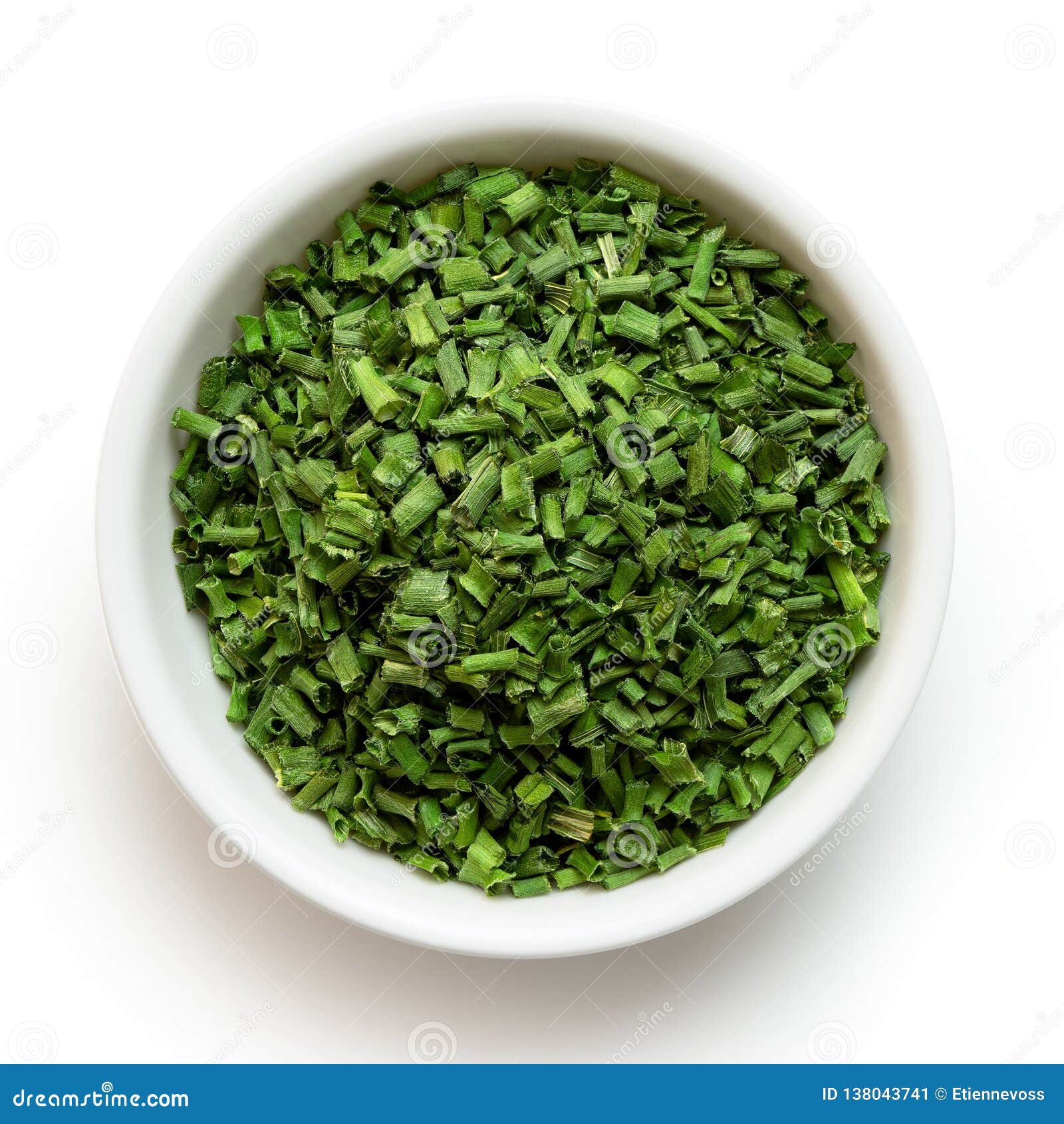 Dried Chopped Chives in White Ceramic Bowl Isolated on White from Above ...