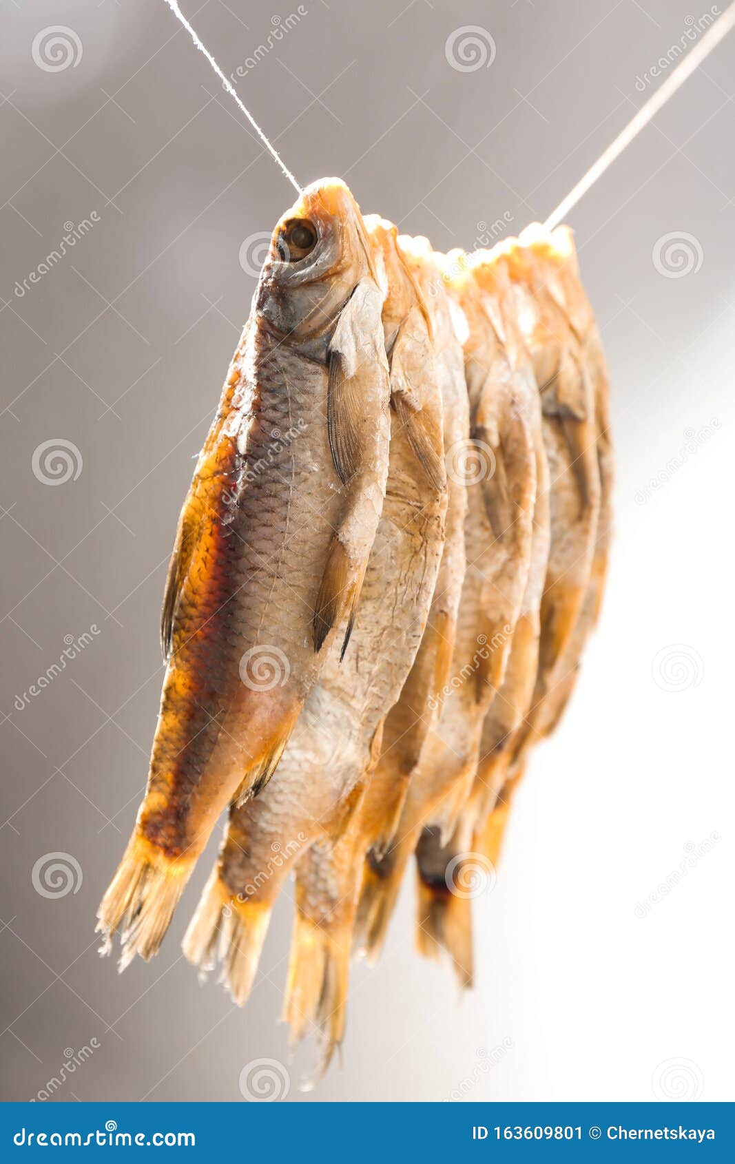 Dried Fish Hanging on Rope Against Blurred Background Stock Image ...