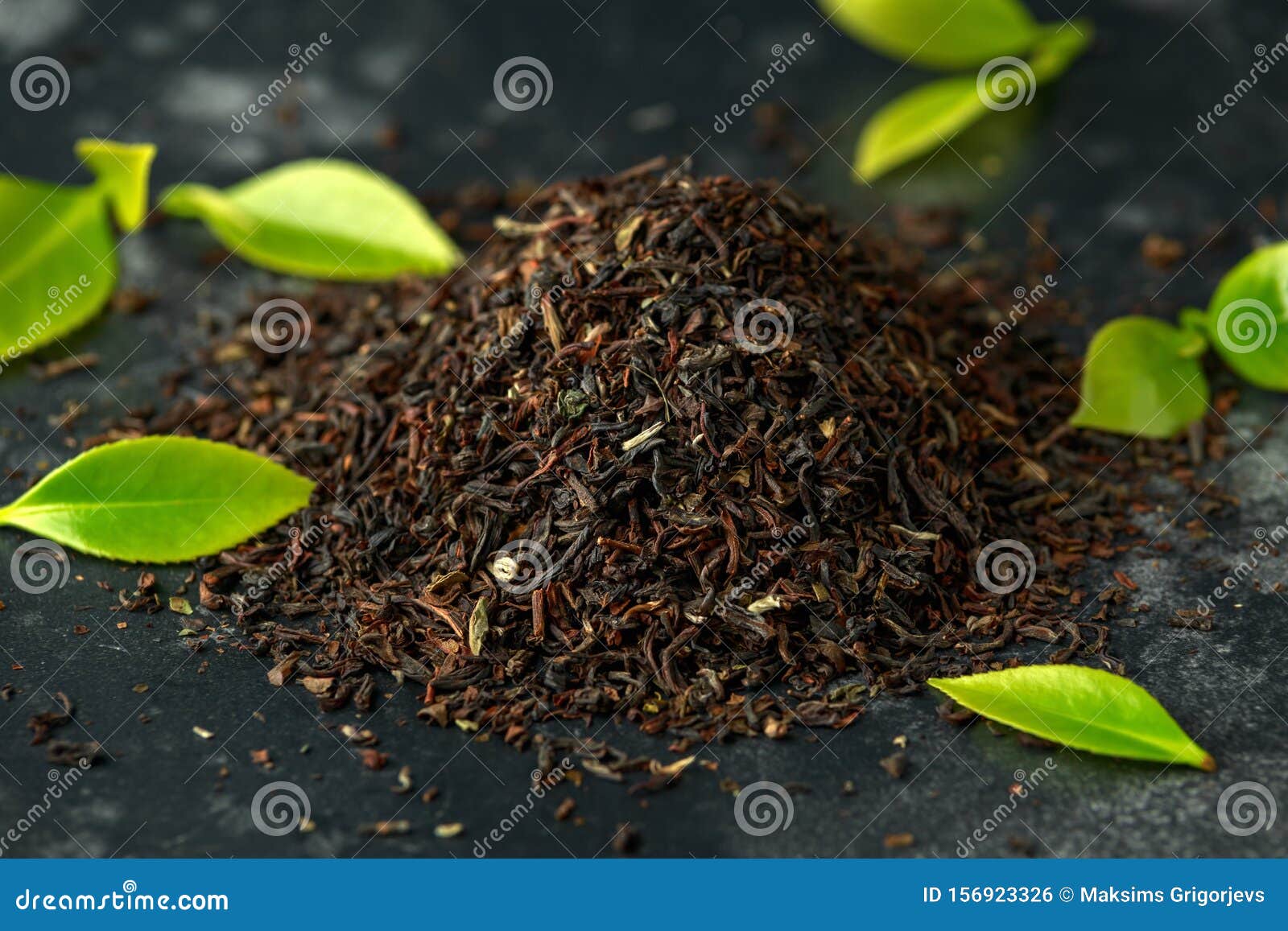 Dried and Fresh Tea Leaves on Dark Background Stock Photo - Image of ...
