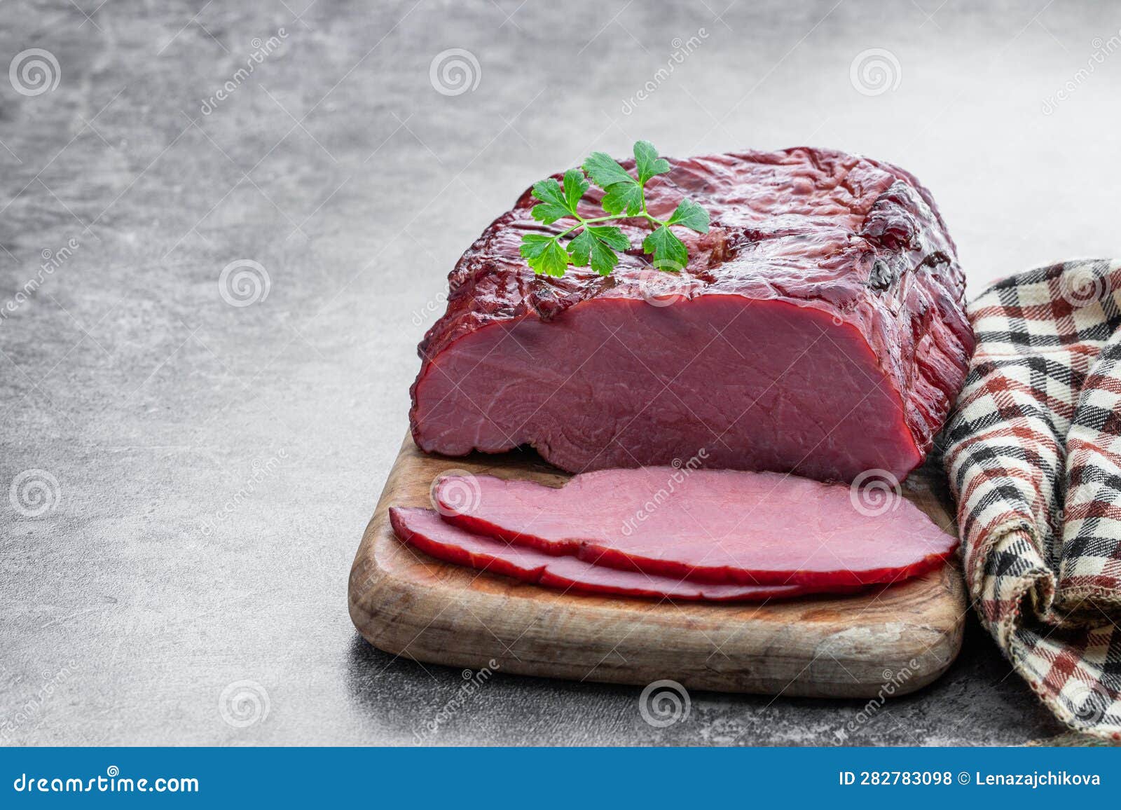 Dried Meat Beef Jerky Slice on Gray Background Stock Photo - Image of ...