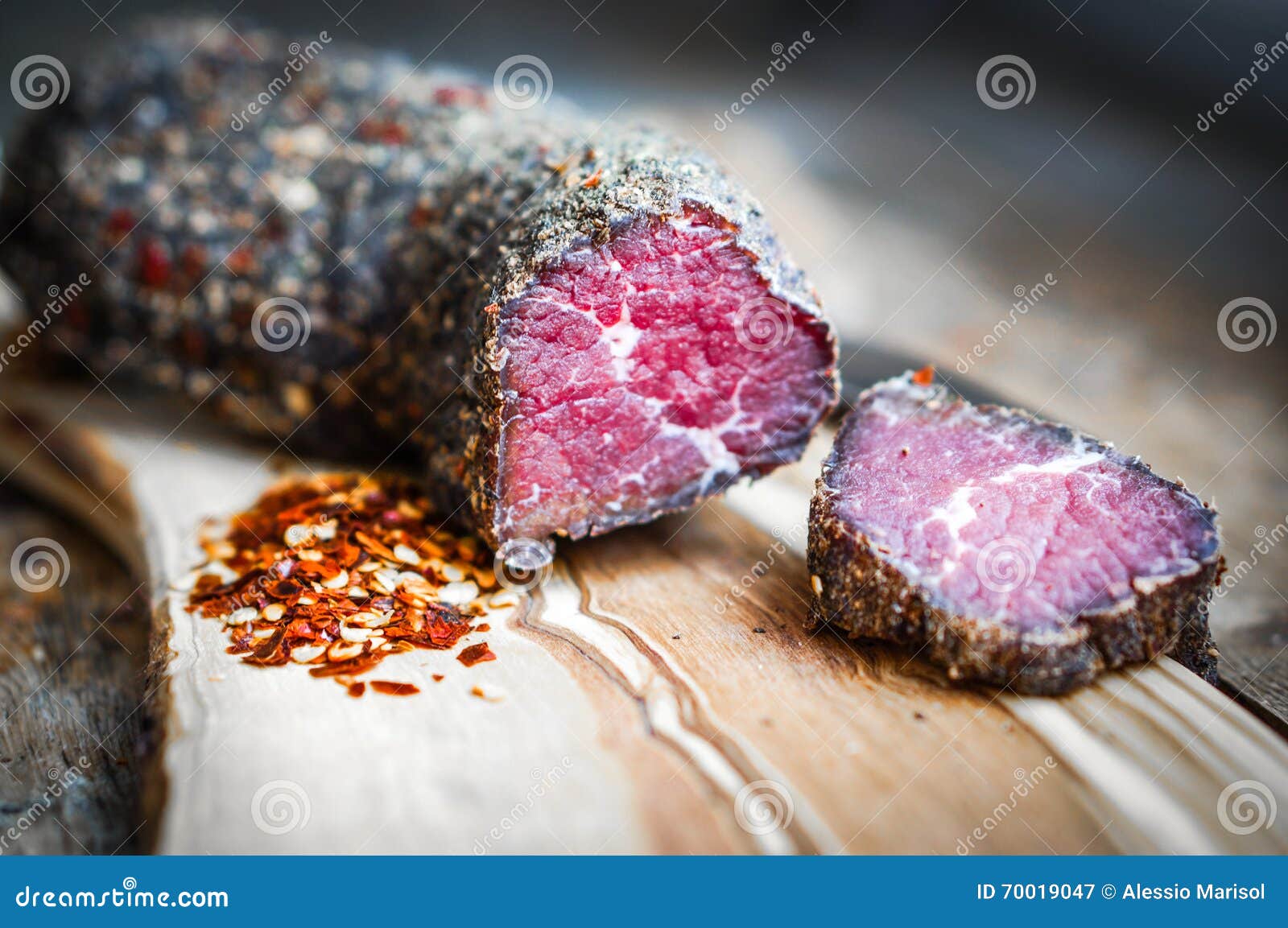Dried Meat with Pepper and Salt on Rustic Wooden Background Stock Image ...