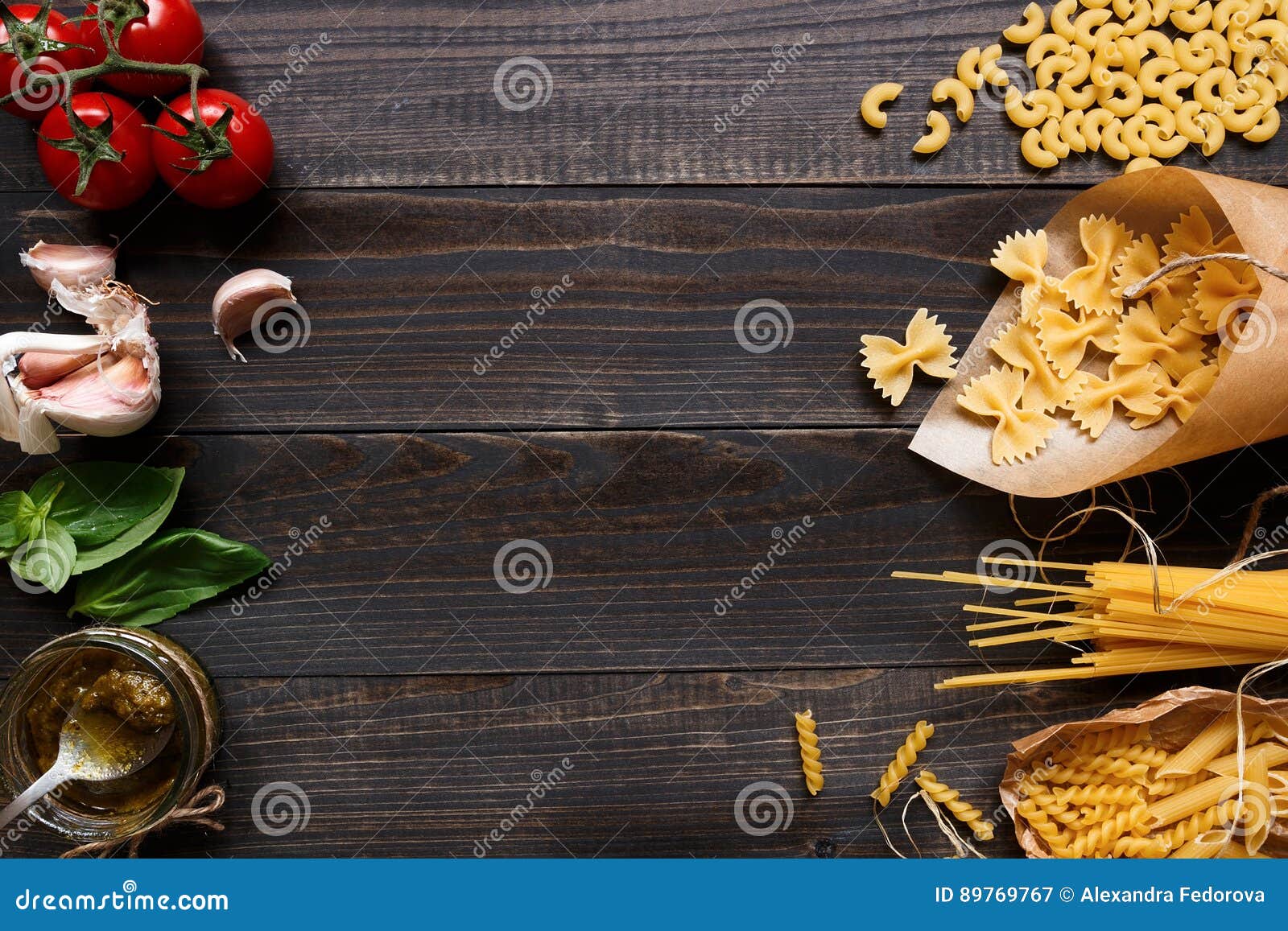 Dried Mixed Pasta and Vegetables on the Dark Wooden Table Top View ...