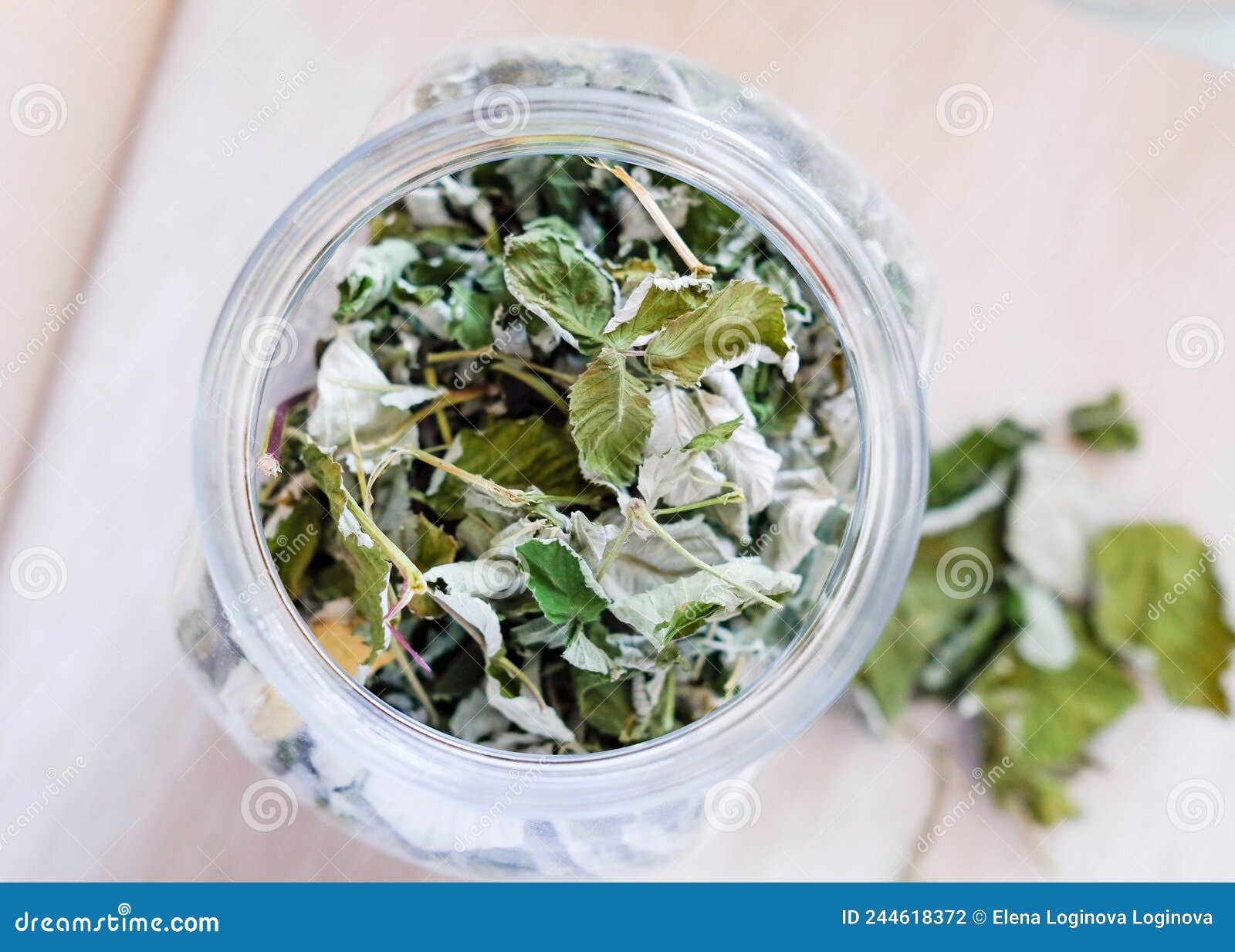 Dried Raspberry Leaves in a Glass Jar, Top View Stock Photo - Image of ...