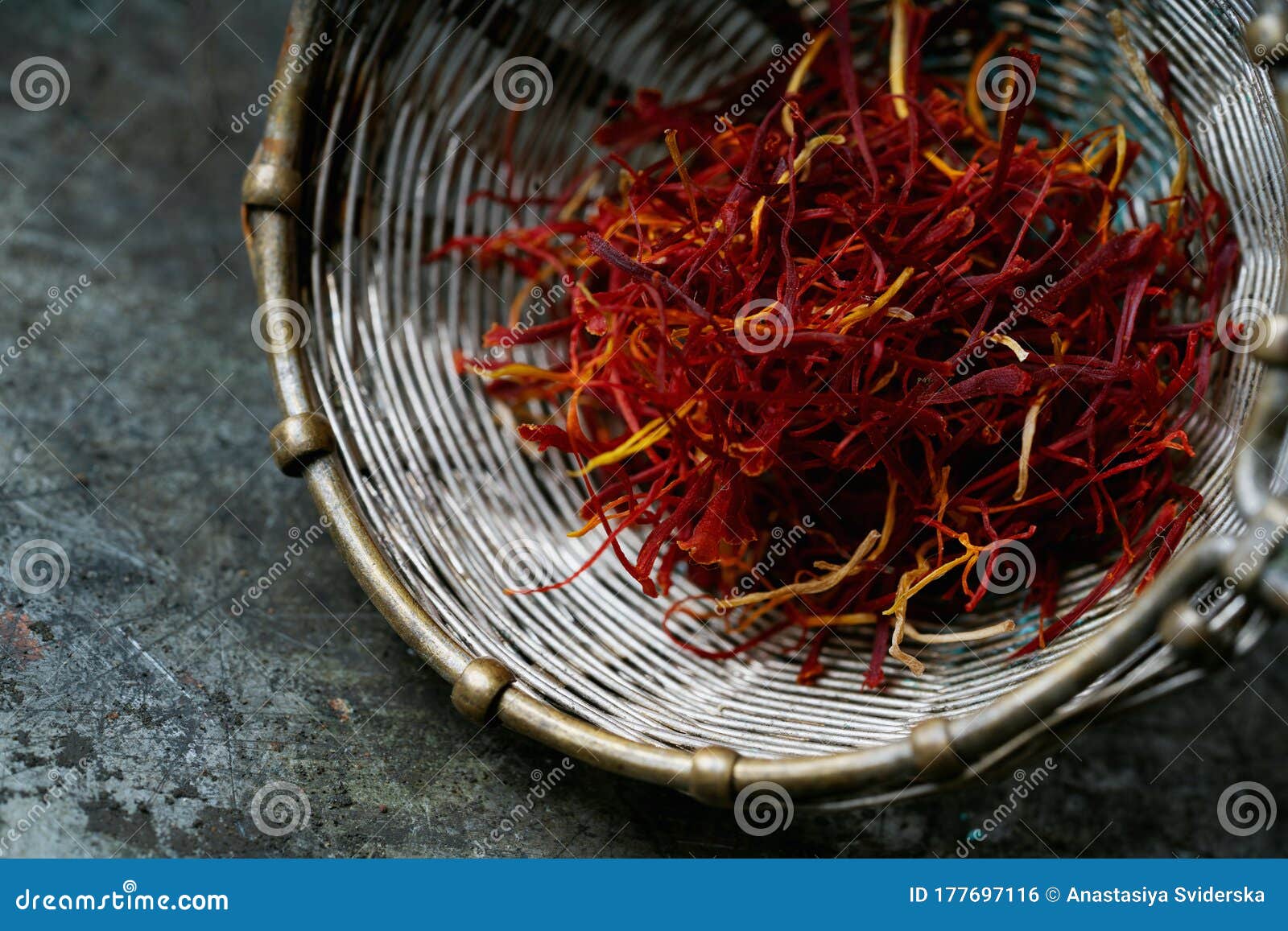 Dried Saffron Spice Threads in Vintage Strainer Stock Photo - Image of ...