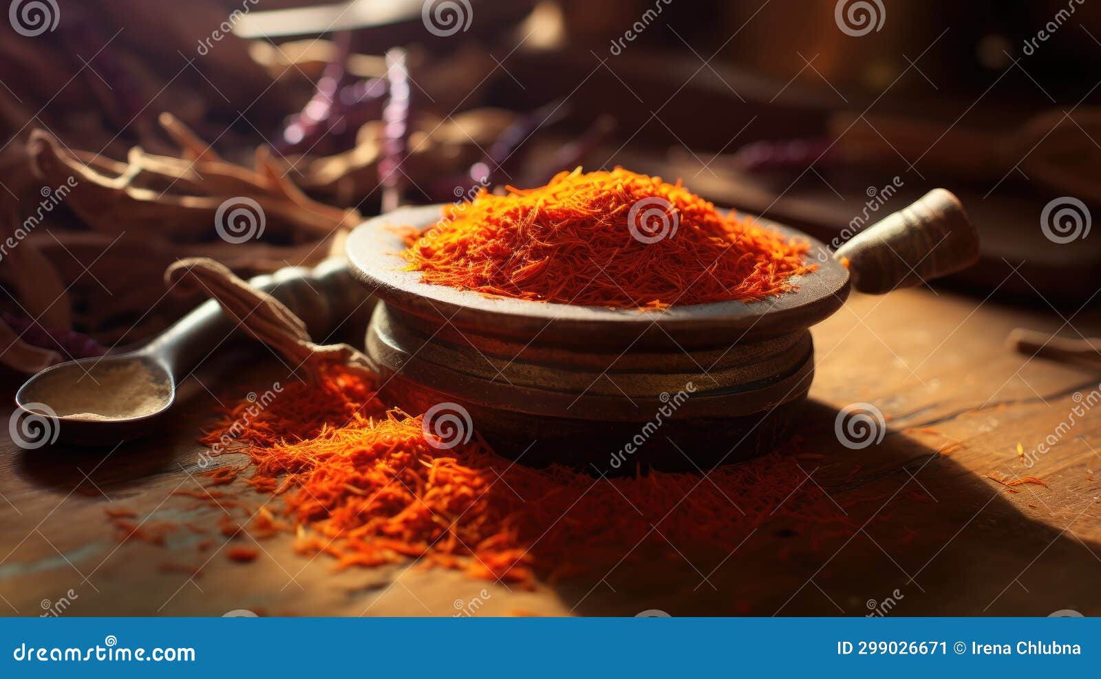 Dried Saffron in Wooden Bowl on Wooden Table Stock Illustration ...