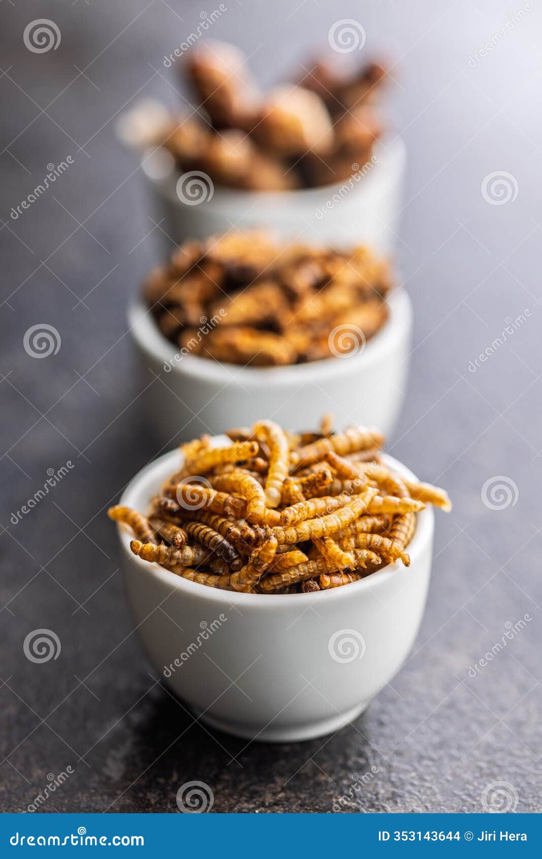 Dried Salted Worms. Roasted Mealworms in Bowl on Black Table Stock ...