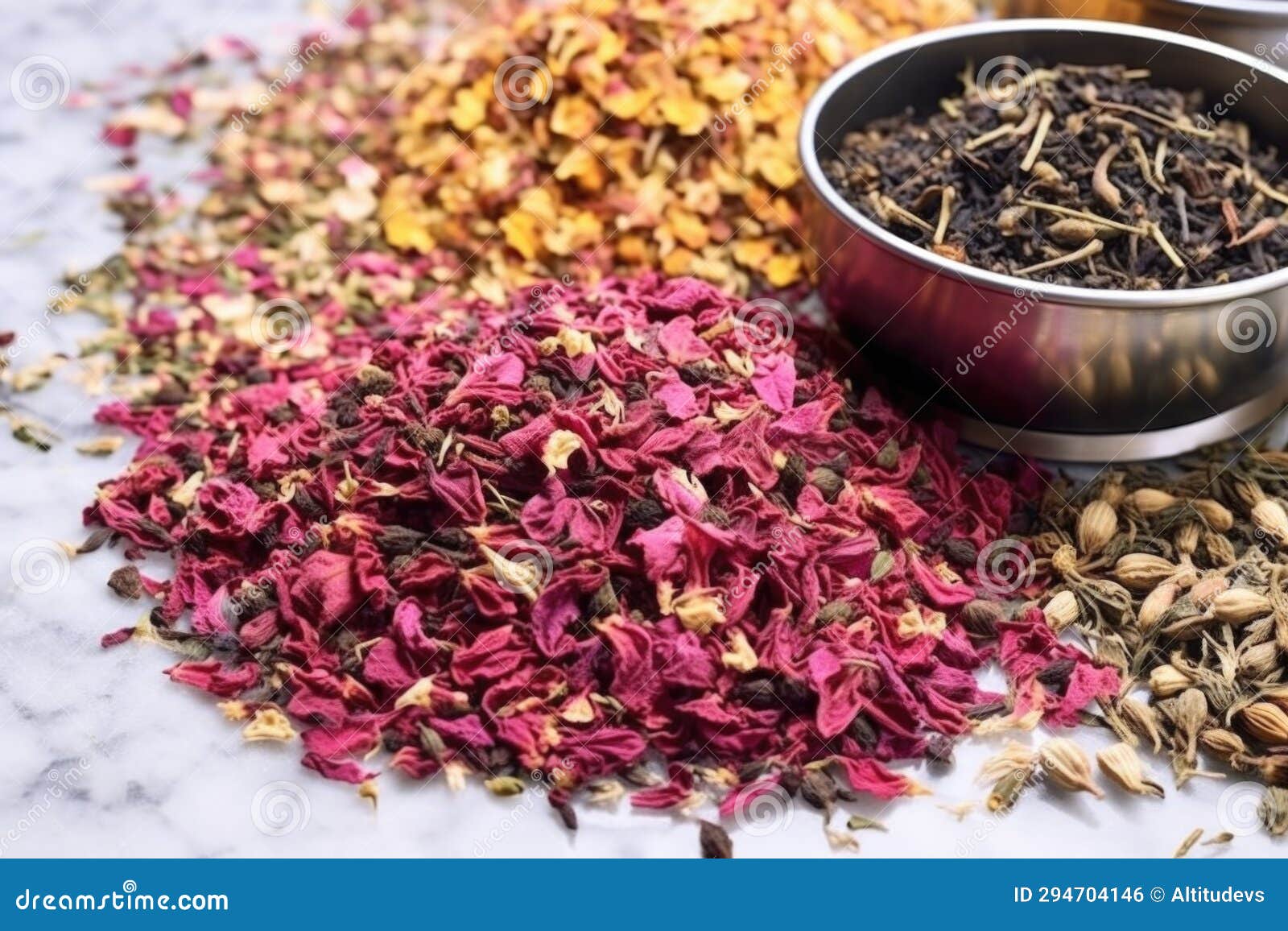 Dried Tea Leaves Ready for Blending on Marble Surface Stock Photo ...