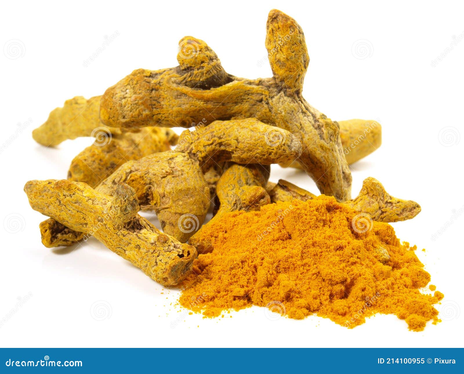 Dried Tumeric Root with Tumeric Powder on White Background - Isolated ...