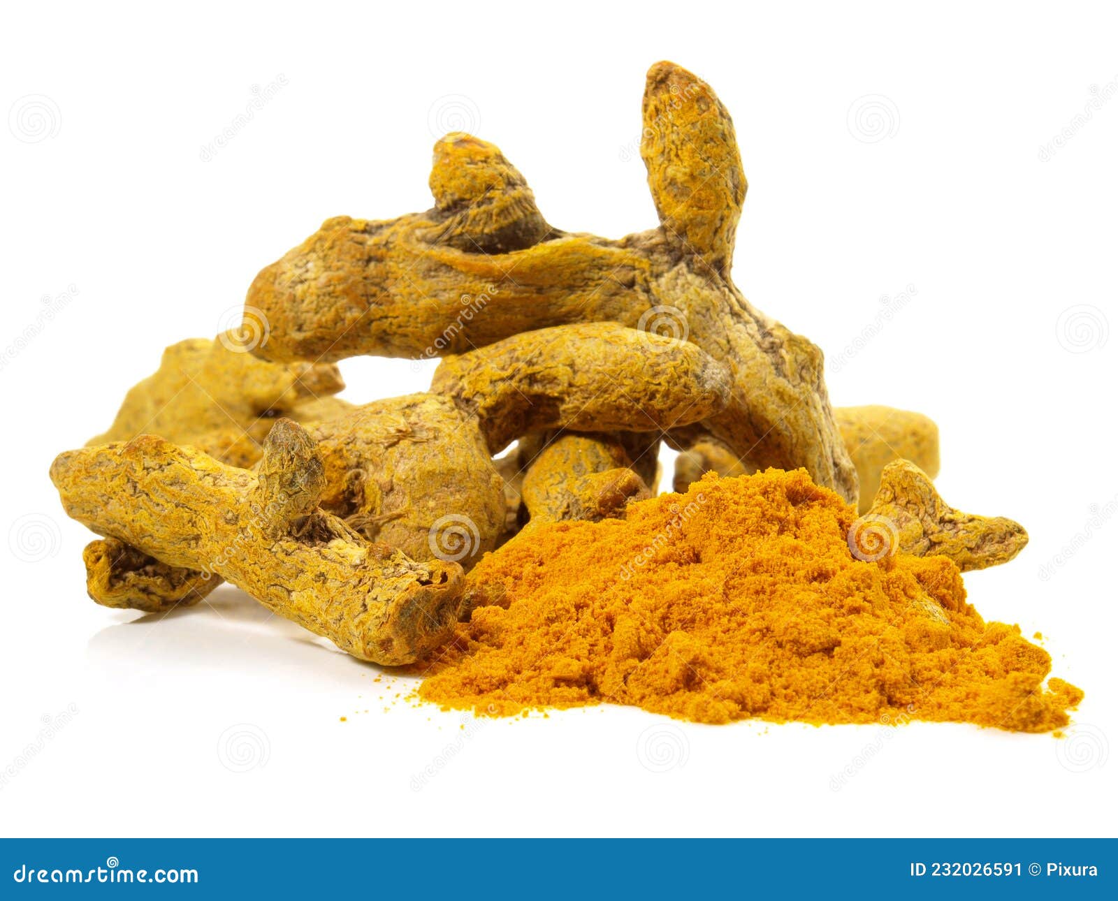 Dried Tumeric Root with Tumeric Powder on White Background - Isolated ...
