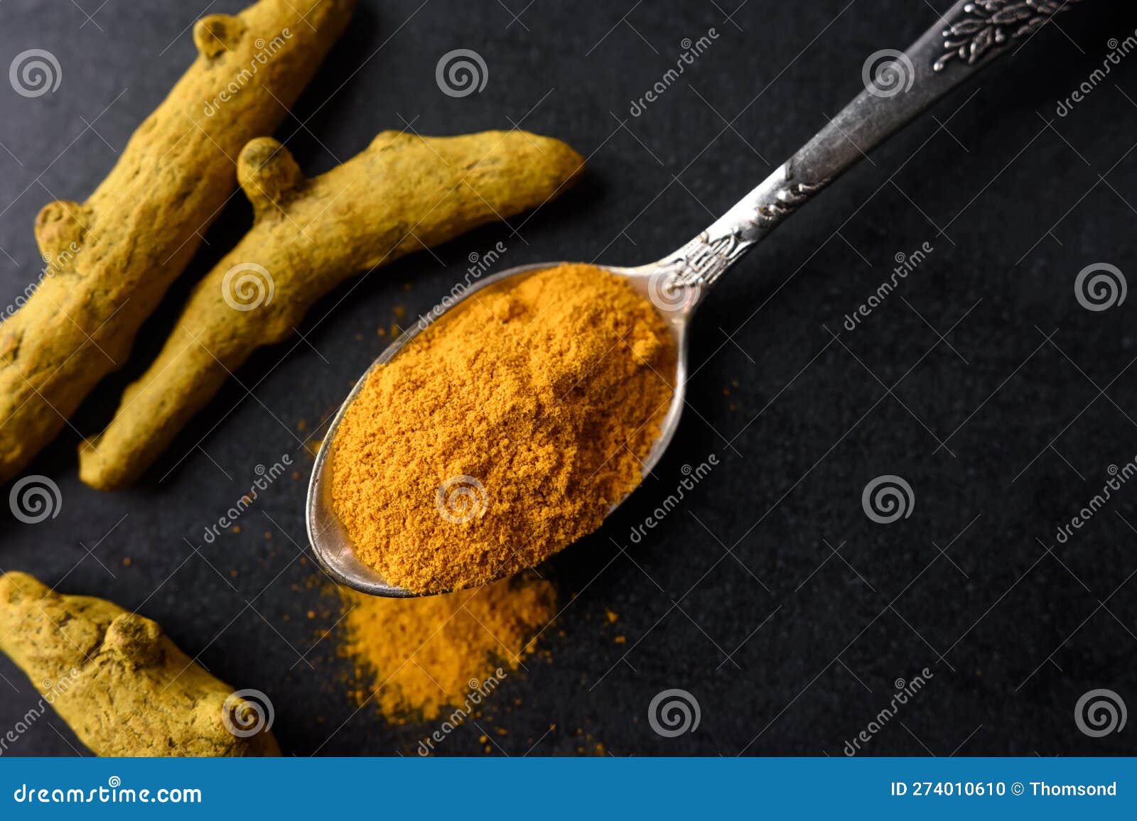 Dried Turmeric Roots and Powder on a Spoon Stock Illustration ...