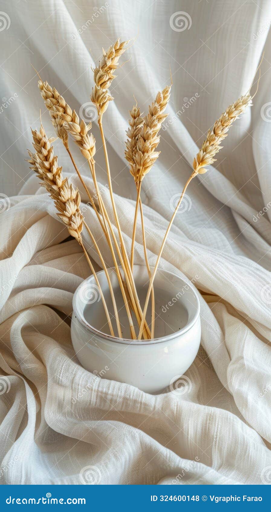 Dried Wheat Stalks in White Ceramic Vase with Fabric Background, Rustic ...