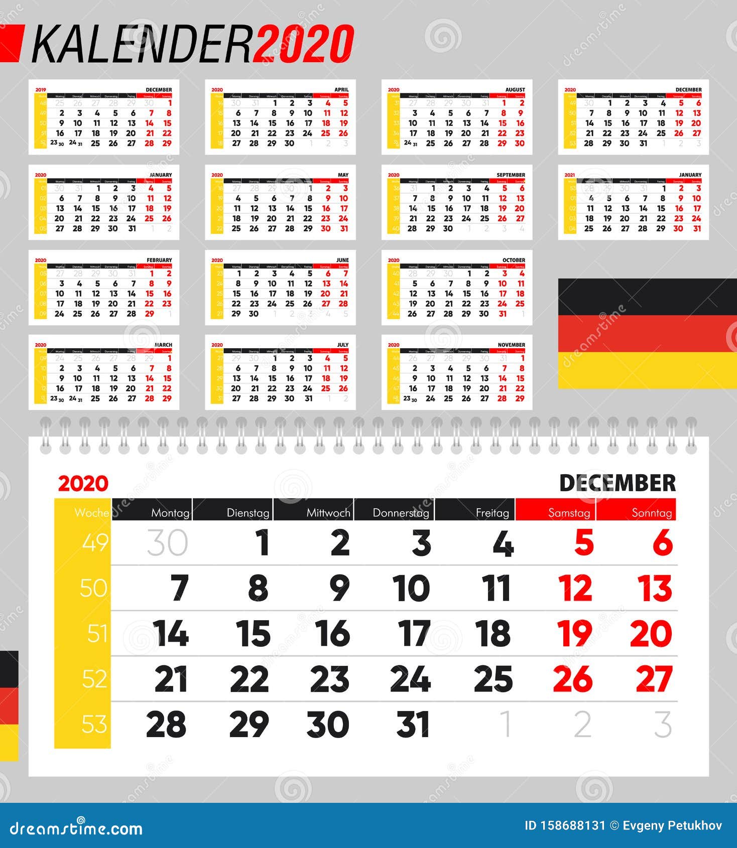 Driemaandelijkse Kalender Voor 2020 Met Weeknummers in Het Duits Vector ...