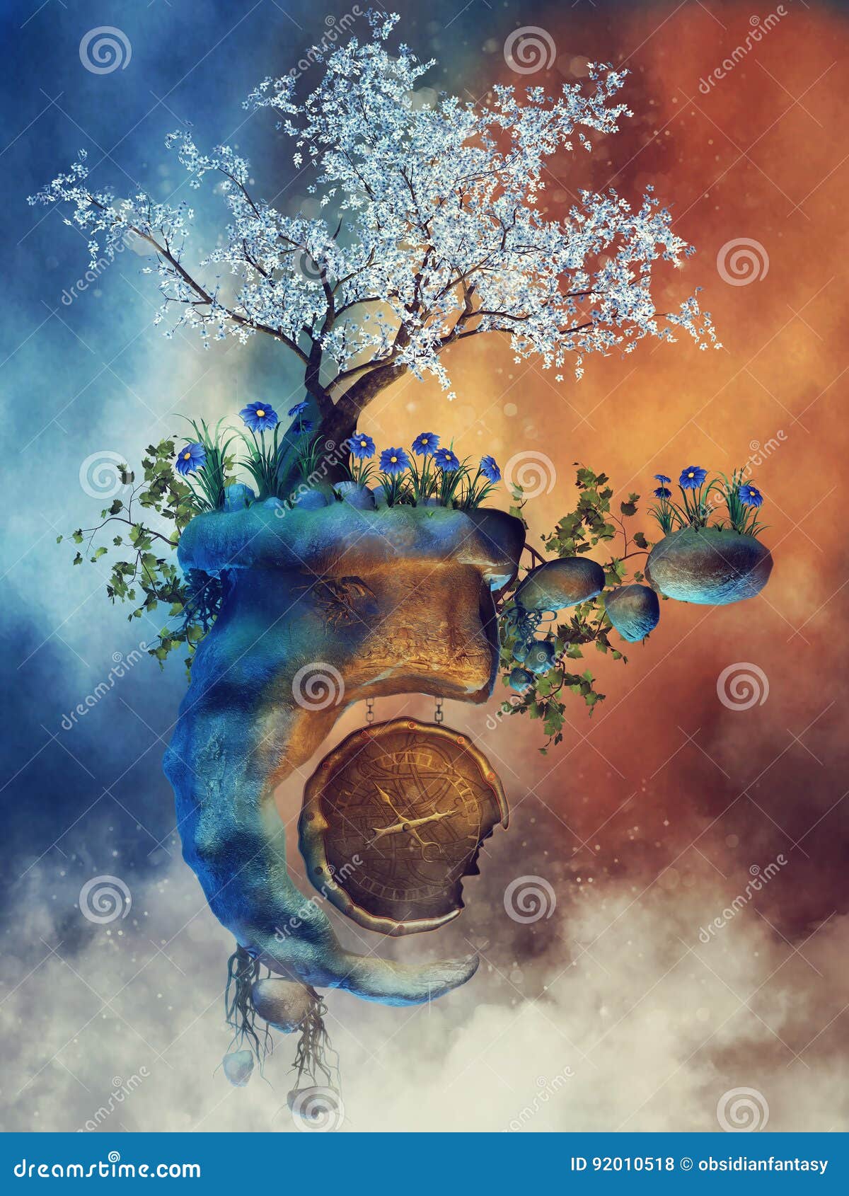 Drijvend Eiland Met Een Magische Boom Stock Illustratie - Illustration ...