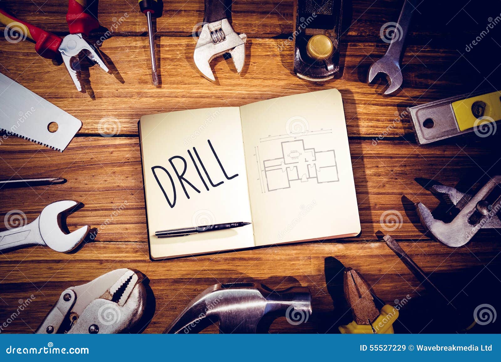 Drill against blueprint stock illustration. Illustration of tool - 55527229