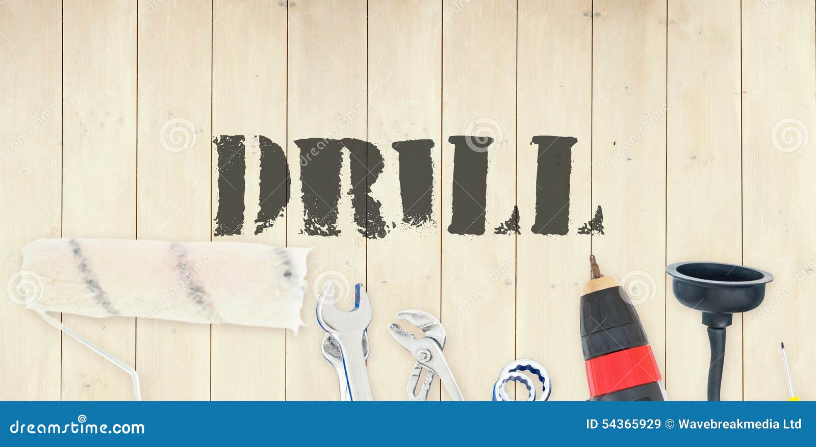 Drill Against Diy Tools on Wooden Background Stock Illustration ...