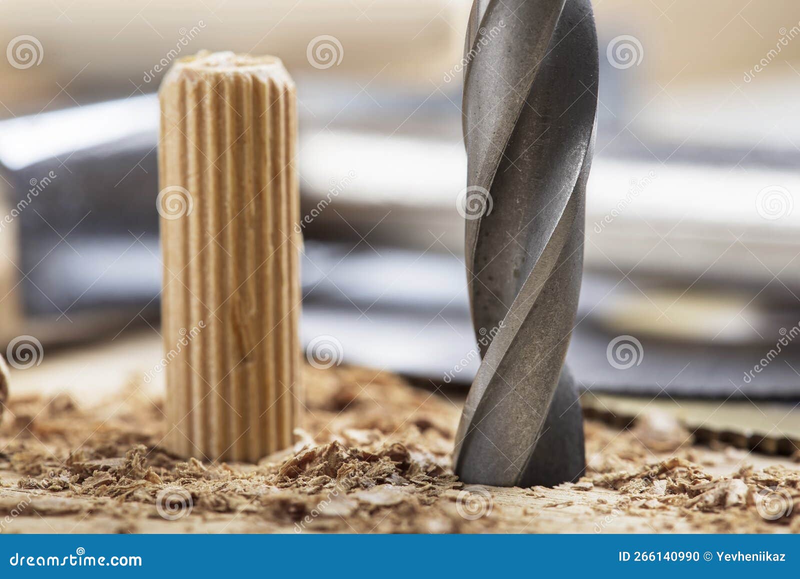 Drill Bit Makes Hole in Wooden Oak Board for Wooden Dowel Stock Photo ...