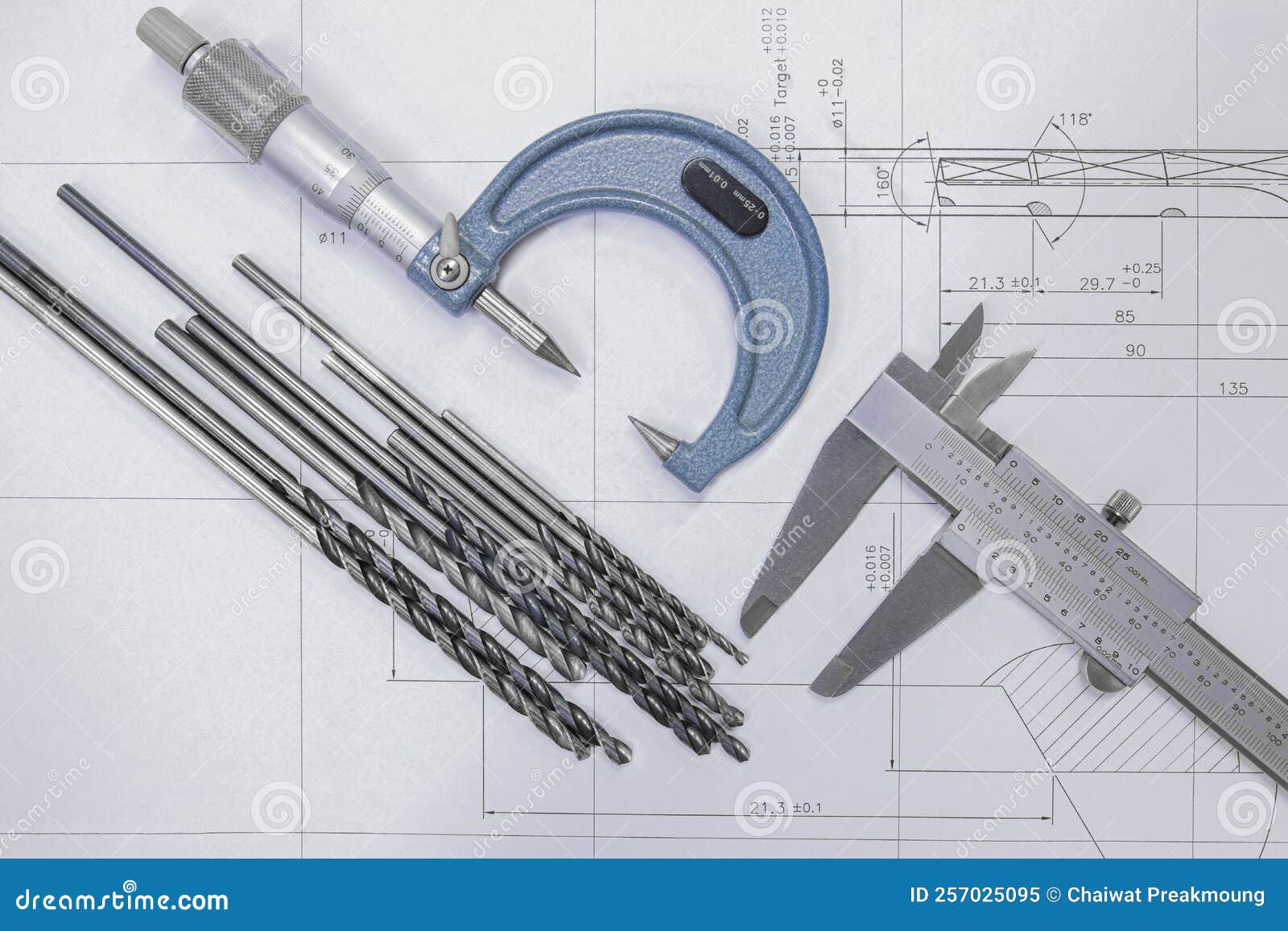 Drill Bit, Micro Meter, Vernier Caliper on Drawing. Stock Image - Image ...