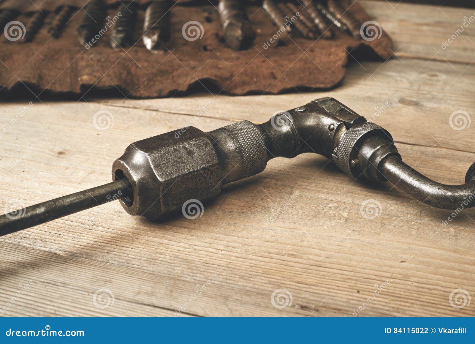 Drill Brace with Bits in Leather Tool Roll on a Wooden Workbench Stock ...