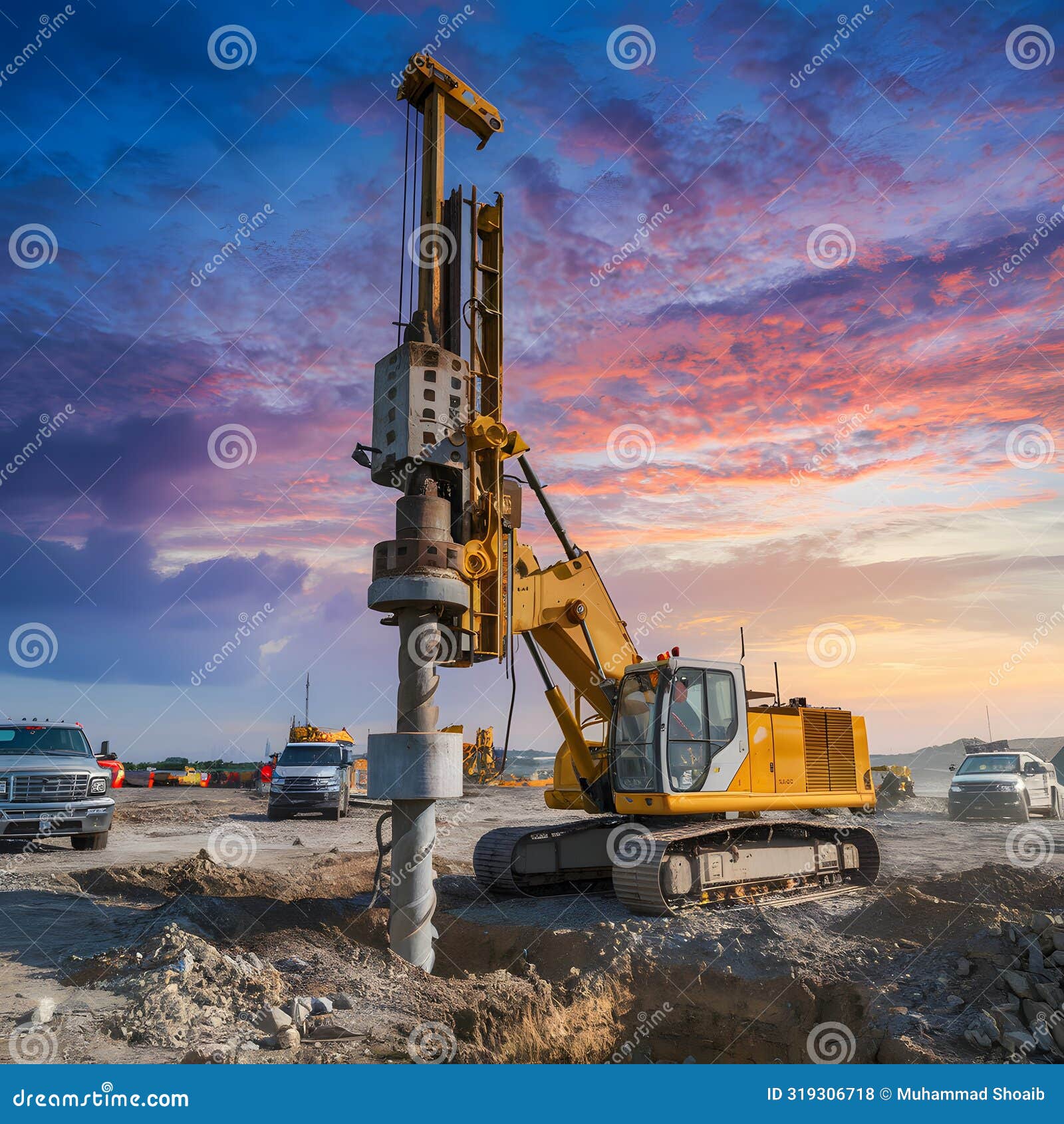A Drill Machine on Construction Site Digging at Sunrise or Sunset with ...