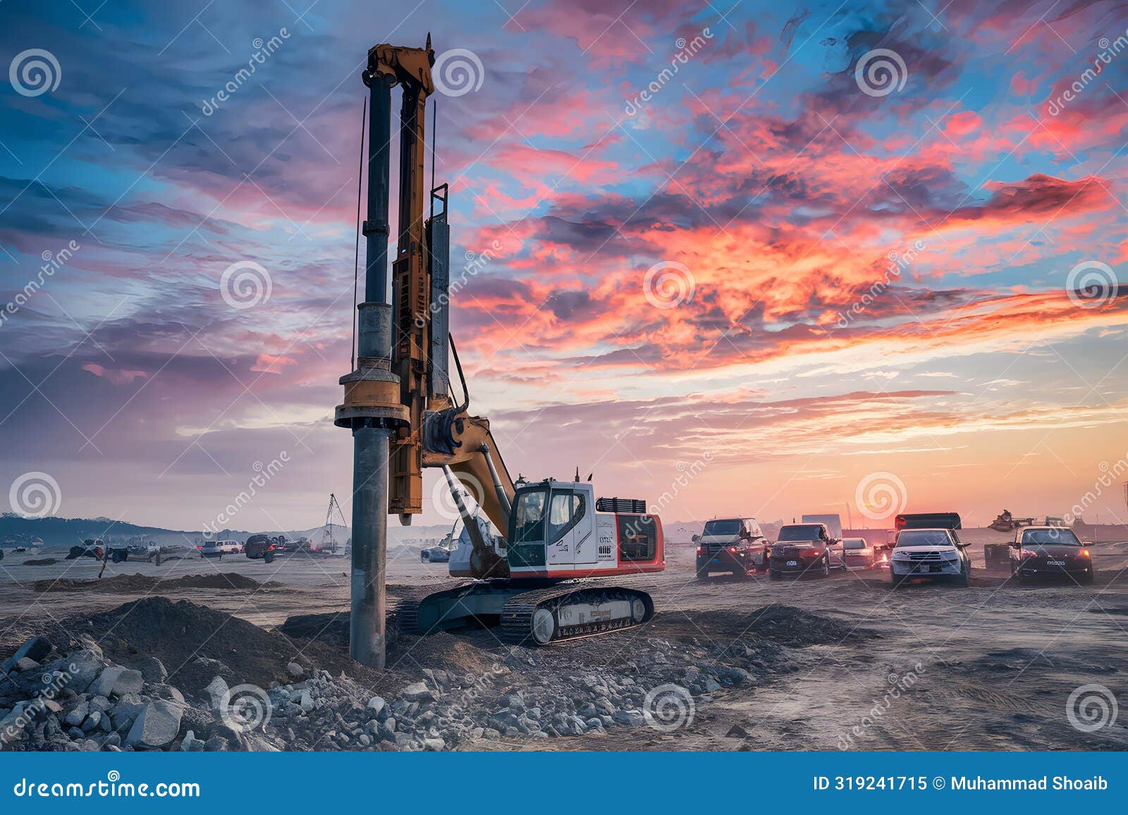 A Drill Machine on Construction Site Digging at Sunrise or Sunset with ...